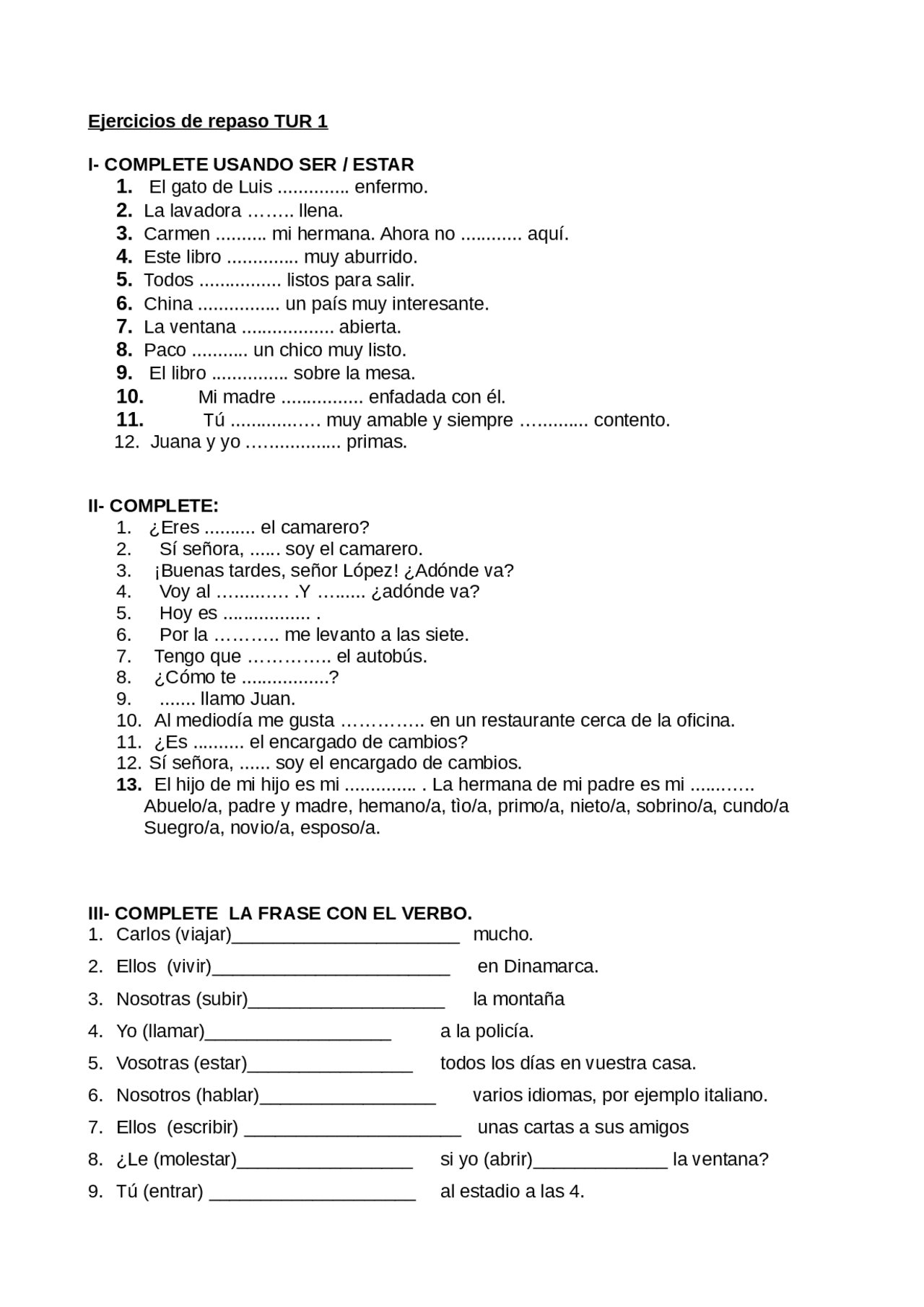 Ejercicios de repaso de verbos en español | Esercizi di Spagnolo | Docsity
