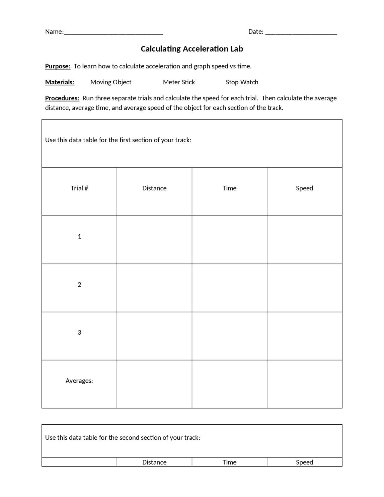 Calculating Acceleration Lab | Exercises Physics | Docsity