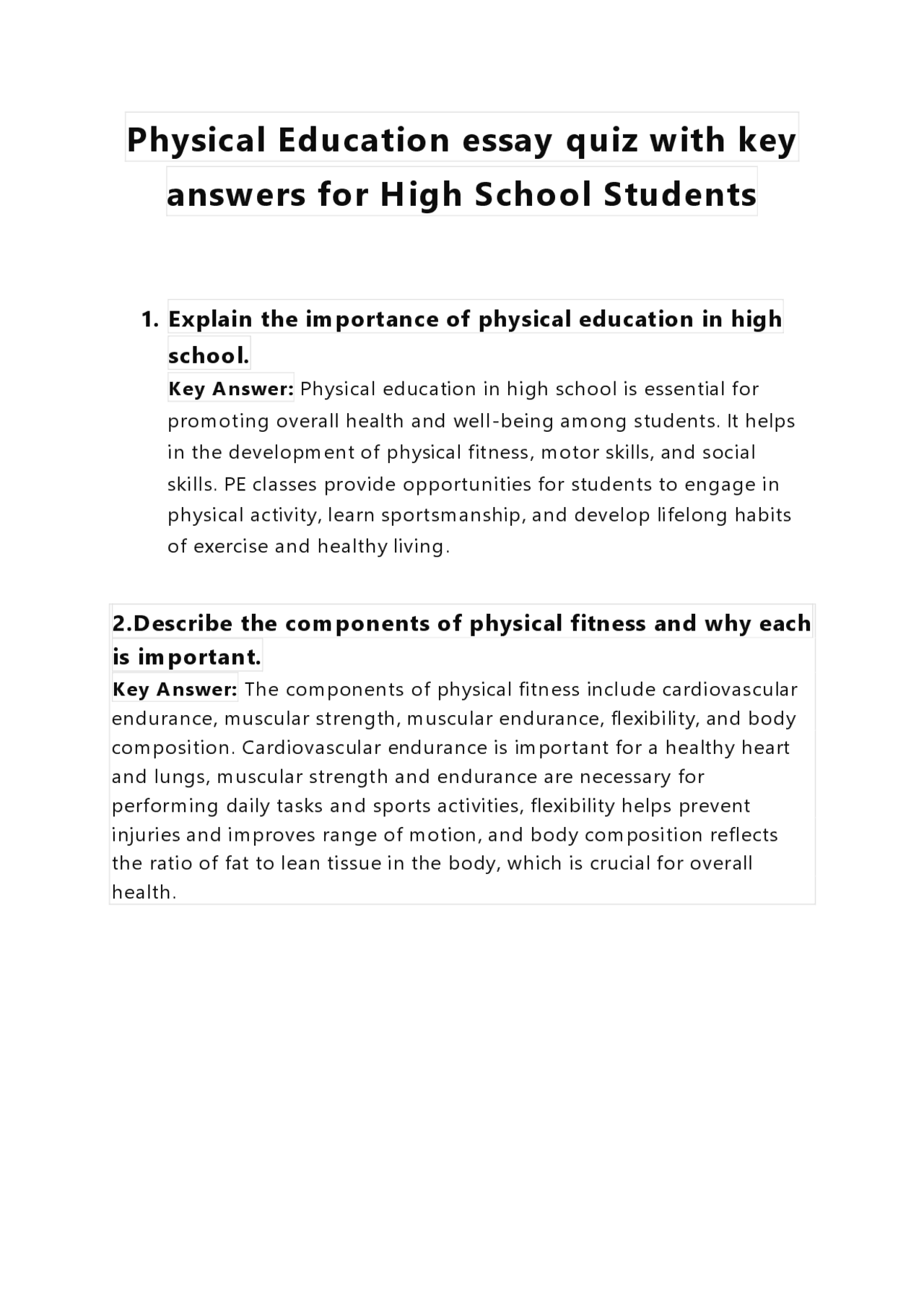 High School Physical Education Essay Quiz: Importance, Components, and ...