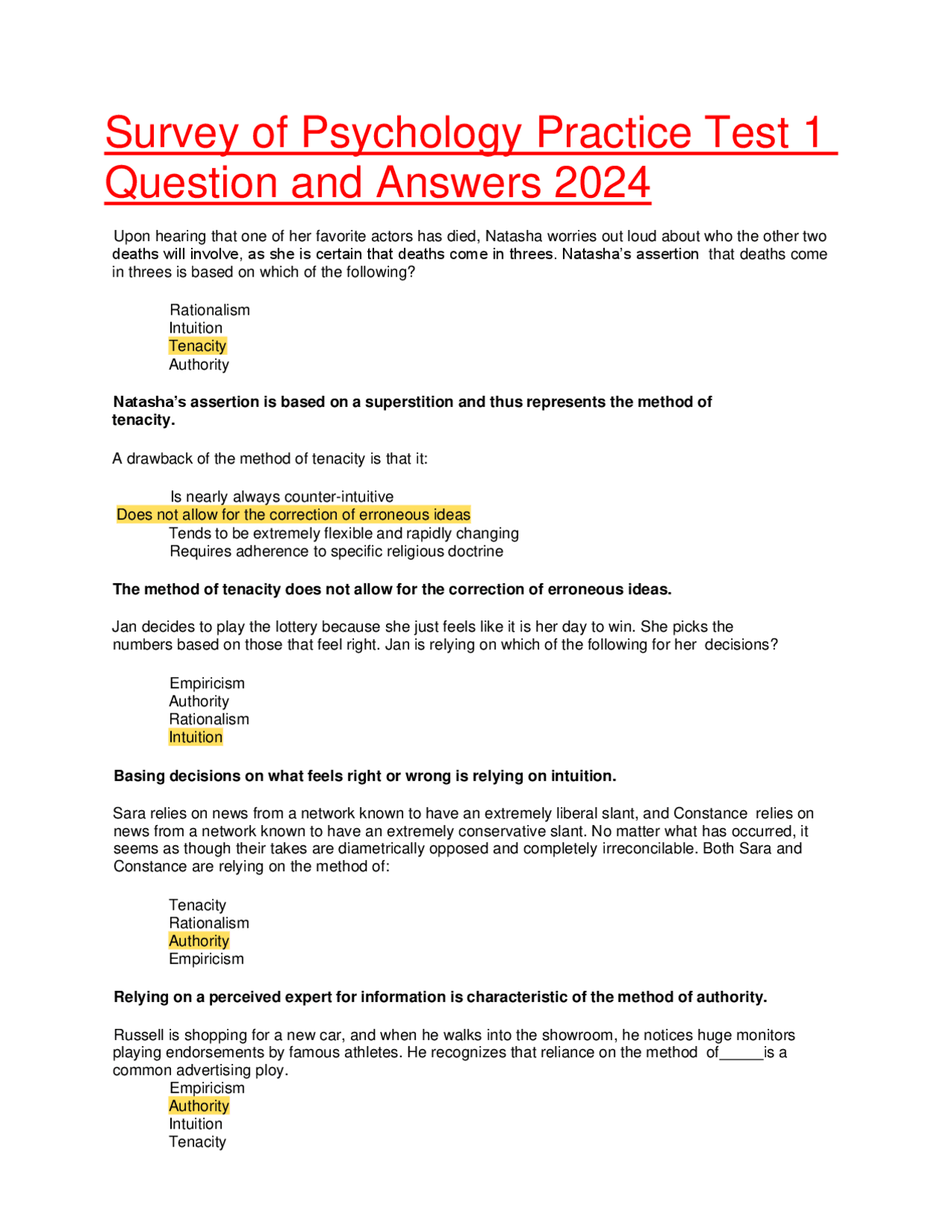 Survey of Psychology Practice Test 1 Question and Answers 2024 | Exams ...