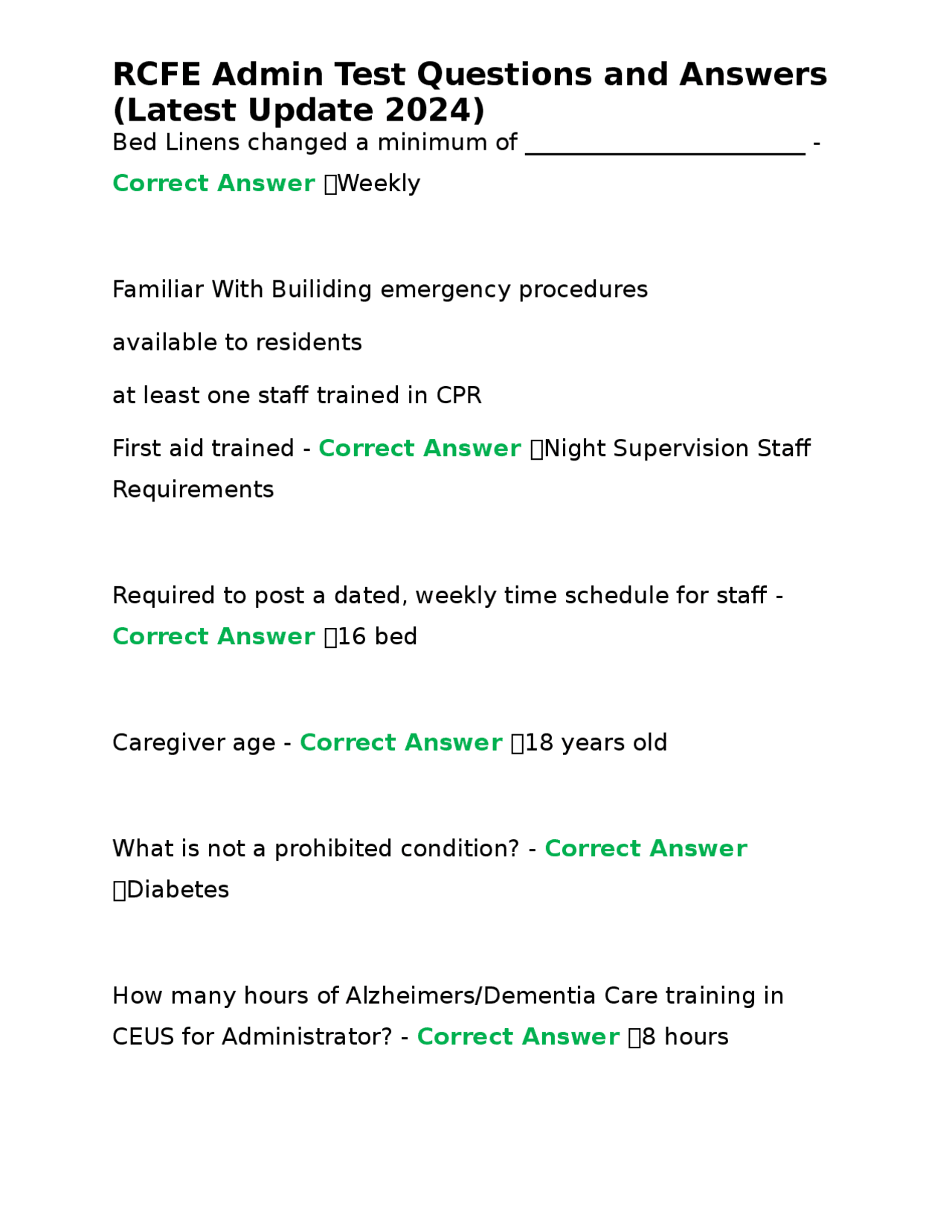 RCFE Admin Test Questions and Answers (Latest Update 2024) | Exams ...