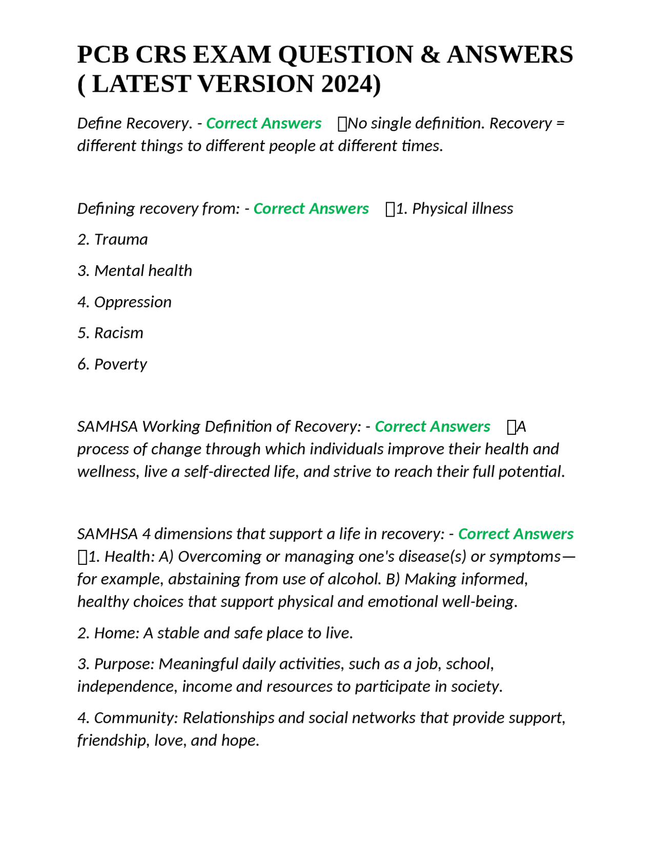 PCB CRS Exam Questions & Answers: Recovery and Substance Abuse | Exams ...