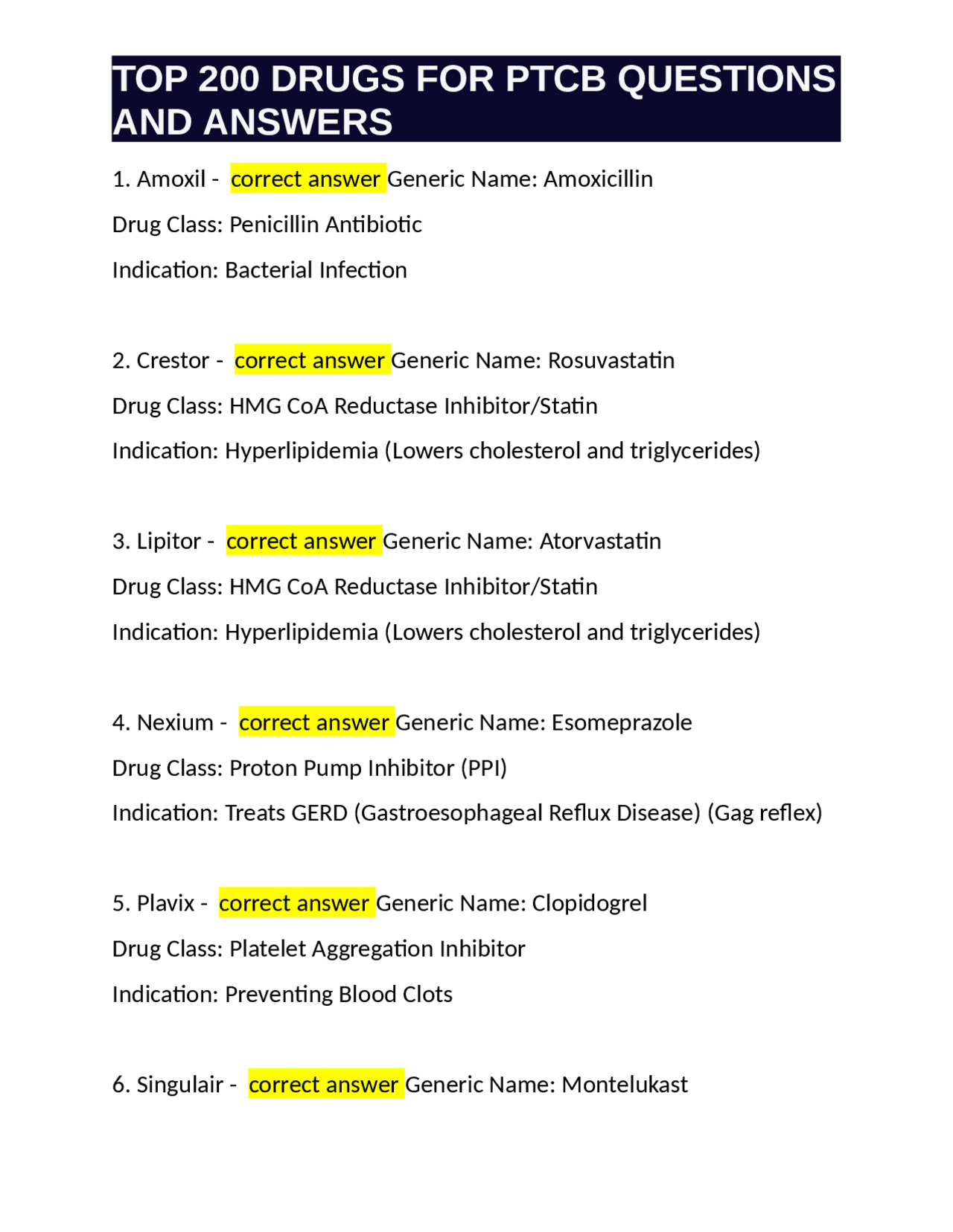 TOP 200 DRUGS FOR PTCB QUESTIONS AND ANSWERS | Exams Clinical Medicine ...