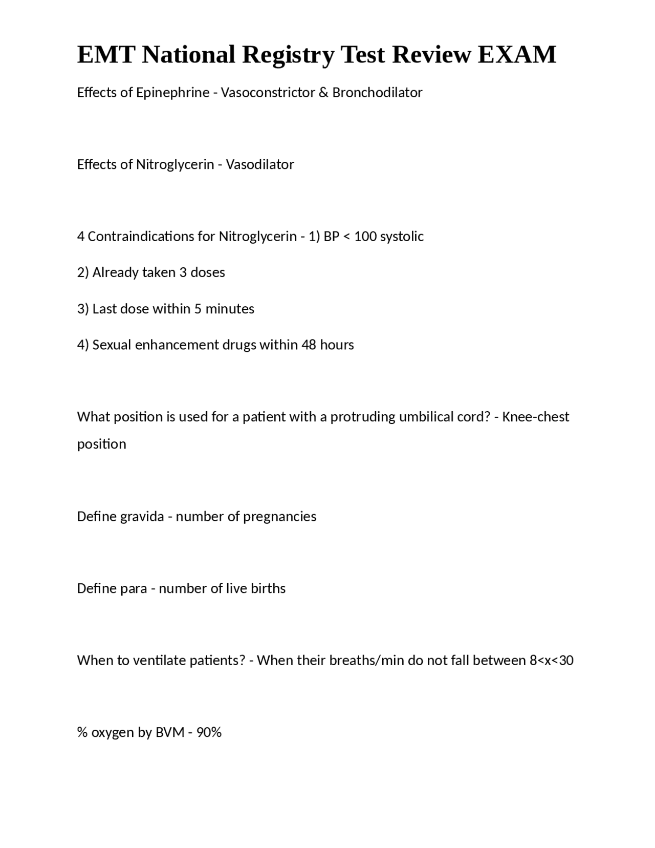 EMT National Registry Test Review EXAM | Exams Nursing | Docsity