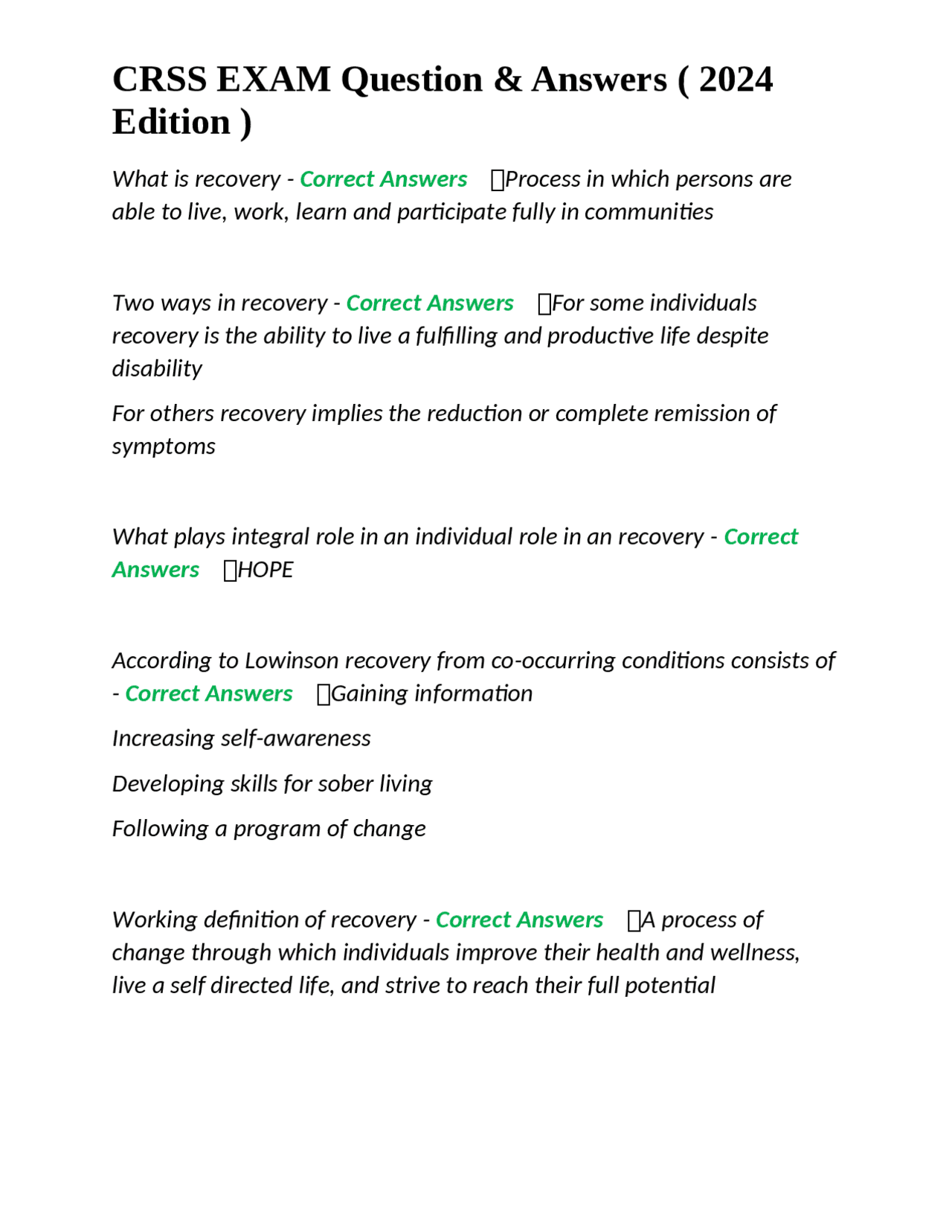 CRSS Exam: Recovery and Support Questions and Answers (2024) | Exams ...