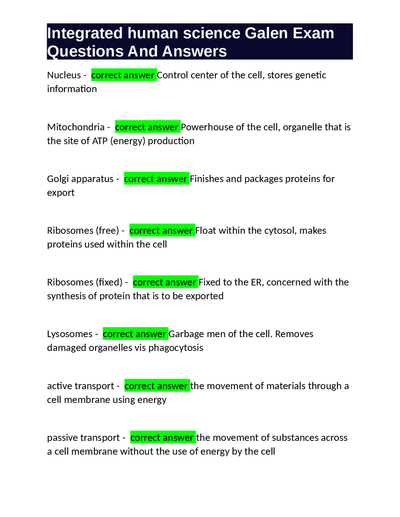 Integrated Human Science Exam Questions and Answers: Cellular Processes ...
