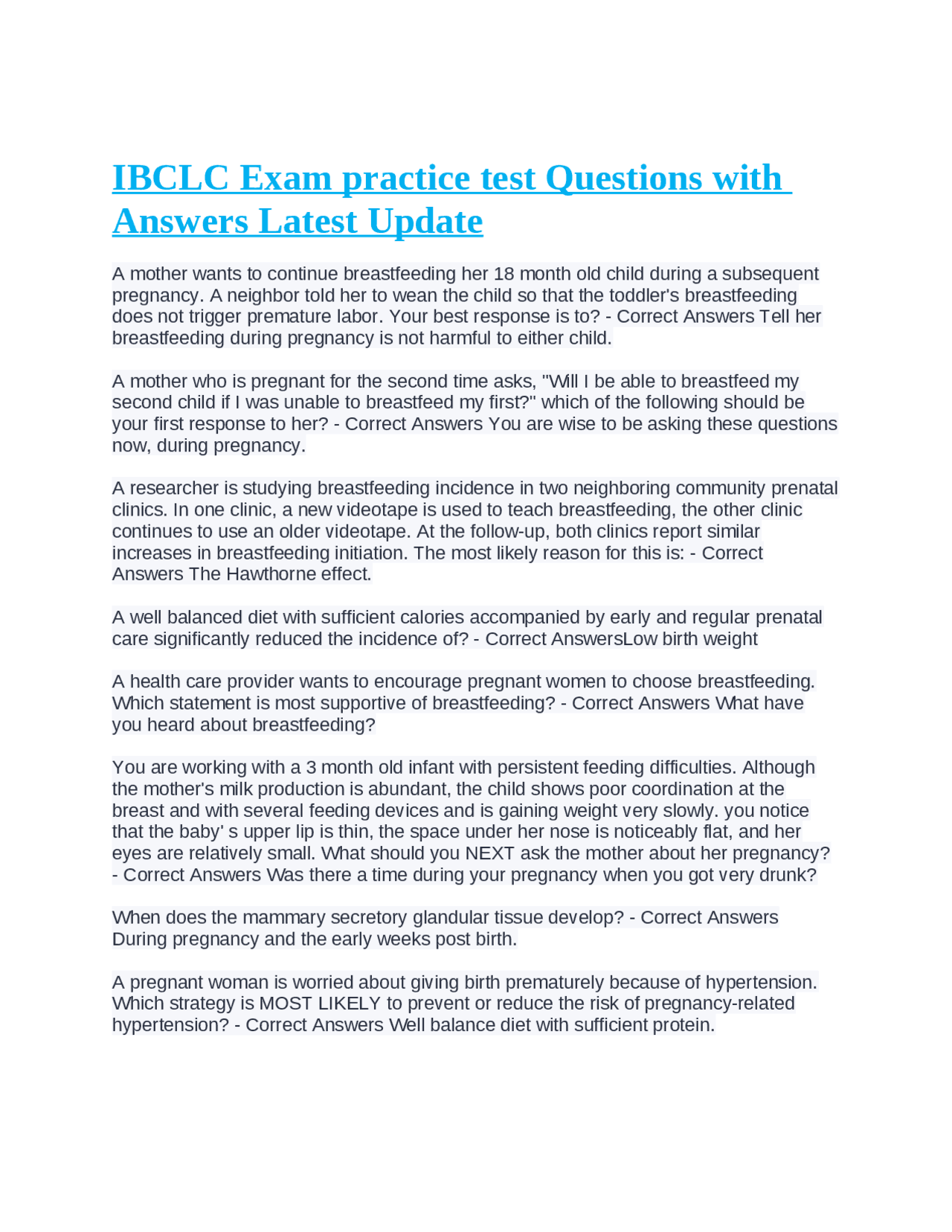 IBCLC Exam practice test Questions with Answers Latest Update | Exams ...