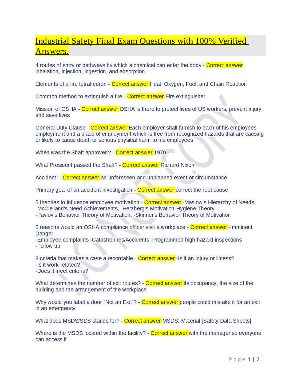 Industrial Safety Final Exam Questions with 100% Verified Answers ...