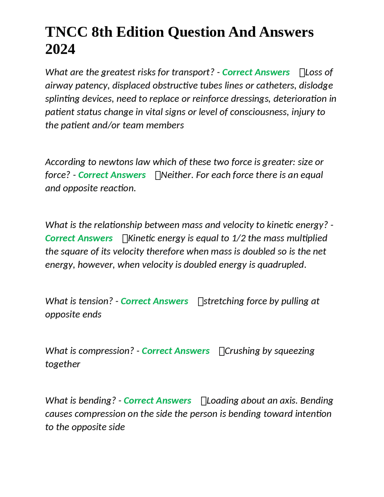 TNCC 8th Edition: Question Answers for Trauma and Shock | Exams Nursing ...
