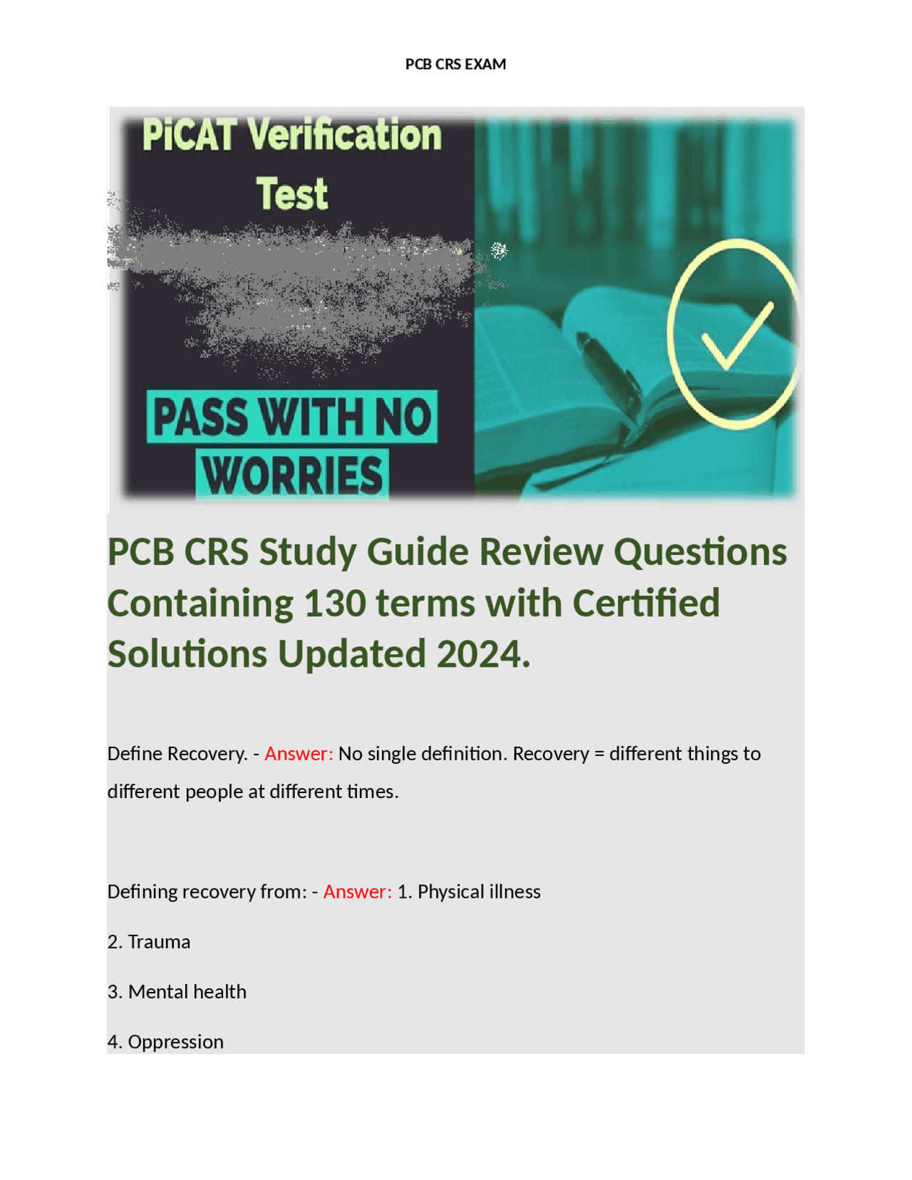 PCB CRS Study Guide Review Questions | Exams Nursing | Docsity