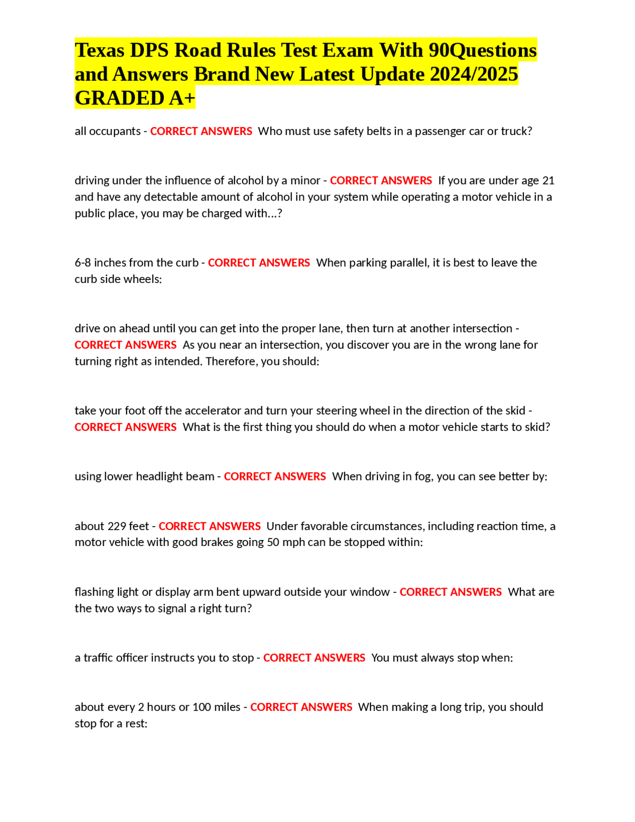 Texas DPS Road Rules Test Exam With 90Questions and Answers Brand New ...