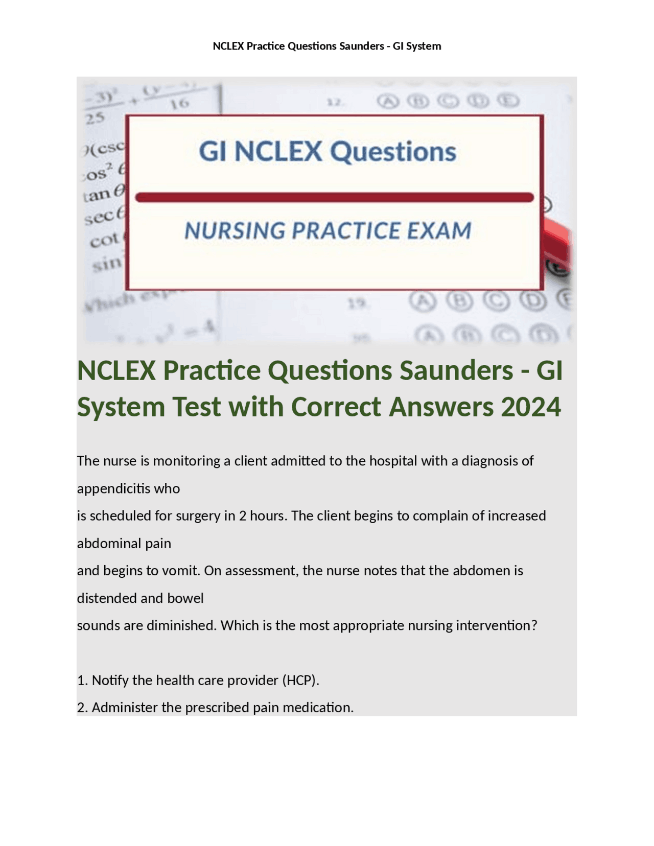 NCLEX Practice Questions Saunders - GI System | Exams Nursing | Docsity