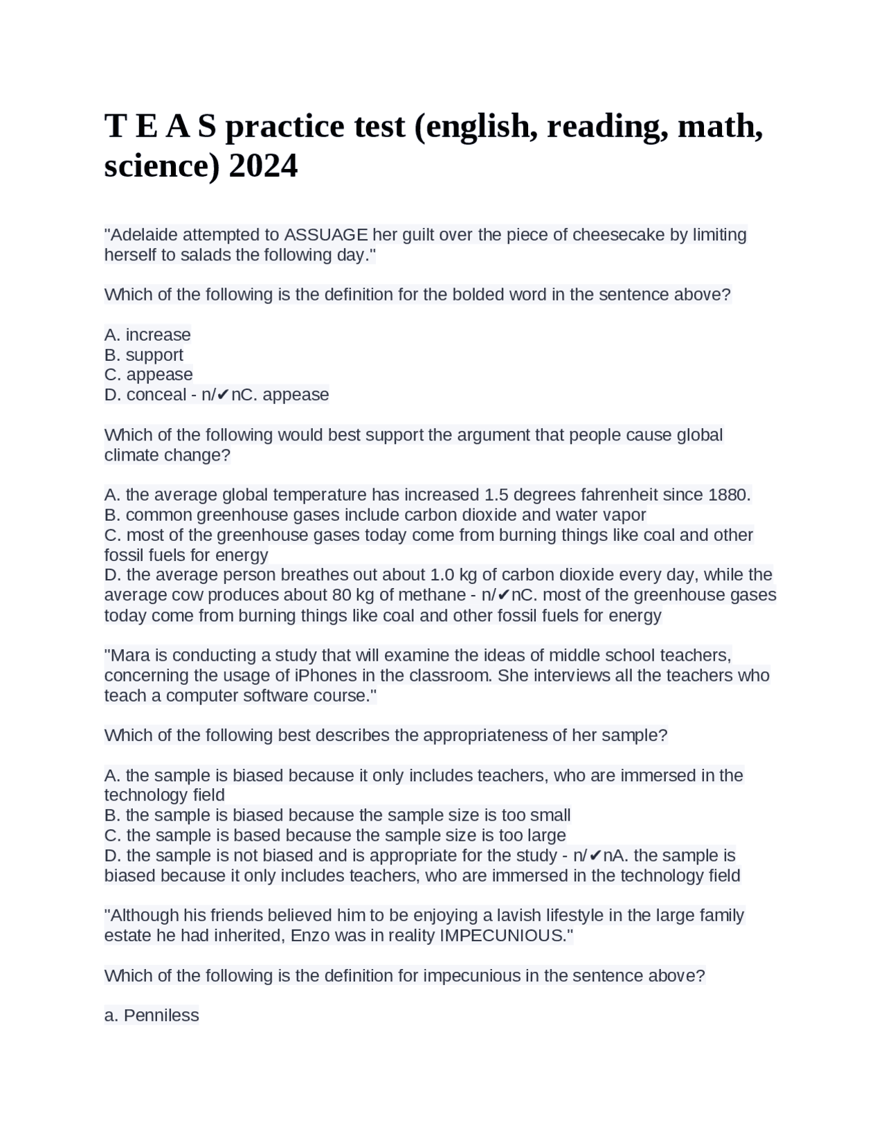 Practice Test: English, Reading, Math, Science | Exams Nursing | Docsity