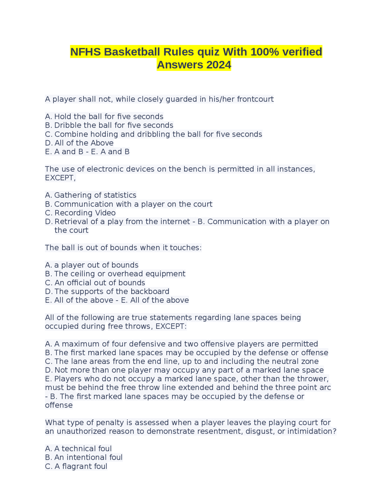 NFHS Basketball Rules quiz With 100% verified Answers 2024 | Exams ...