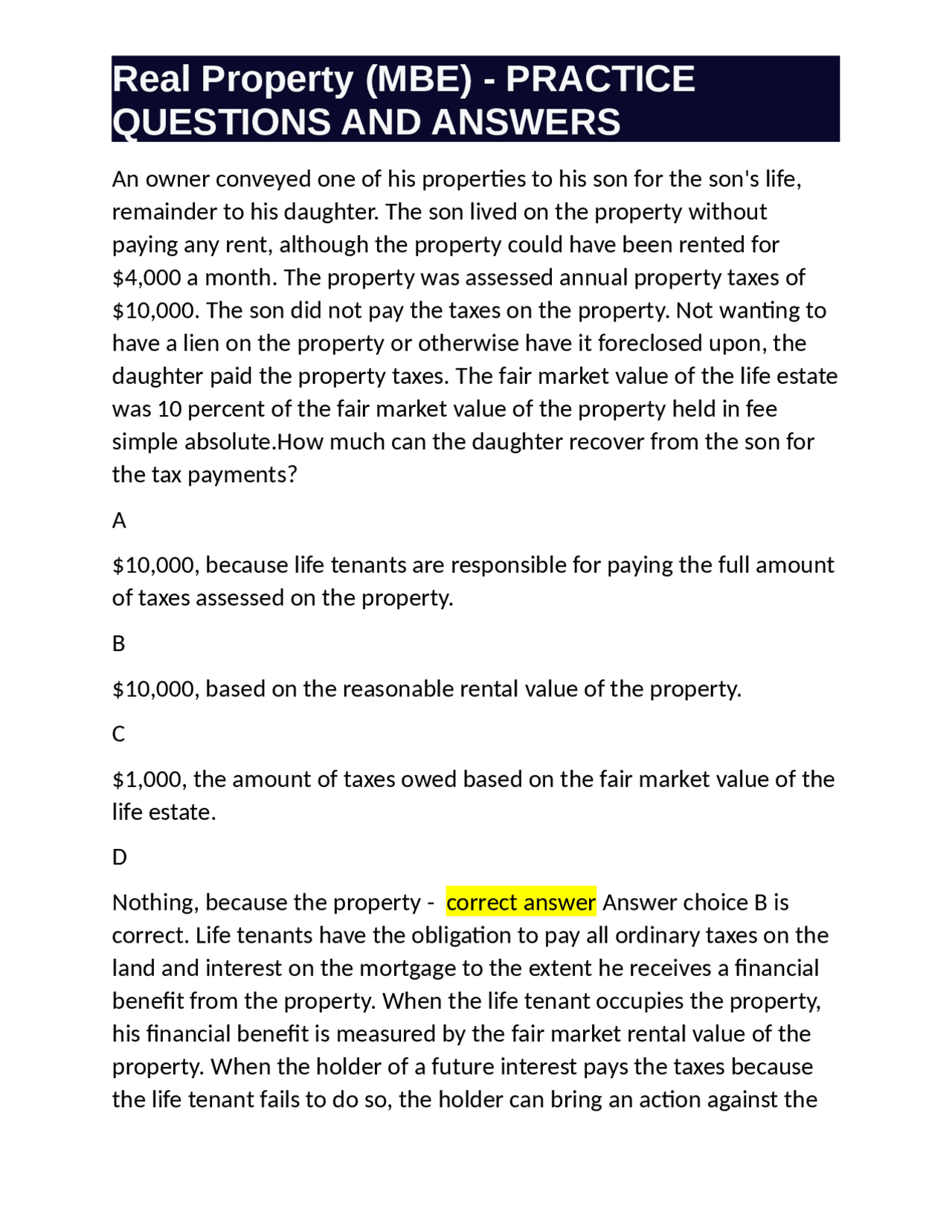Real Property (MBE) - PRACTICE QUESTIONS AND ANSWERS | Exams Property Law | Docsity