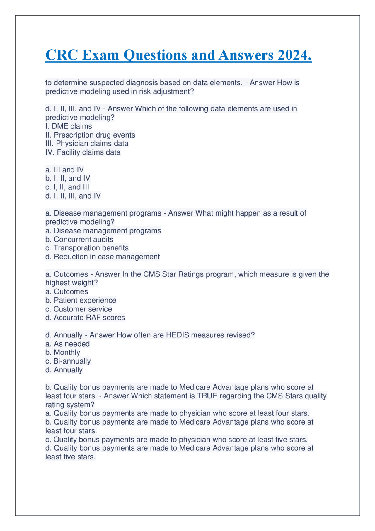 CRC Exam Questions and Answers 2024. | Exams Nursing | Docsity