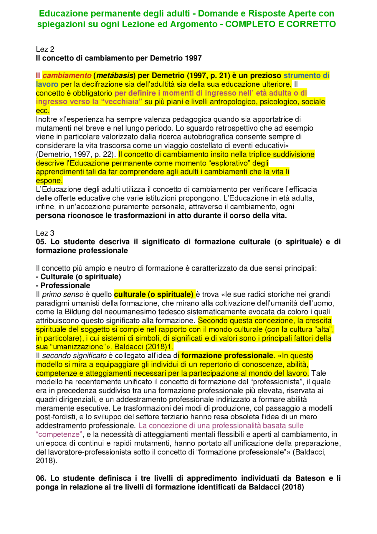 Educazione permanente degli adulti - Domande e Risposte Aperte con spiegazioni su ogni Lez ...