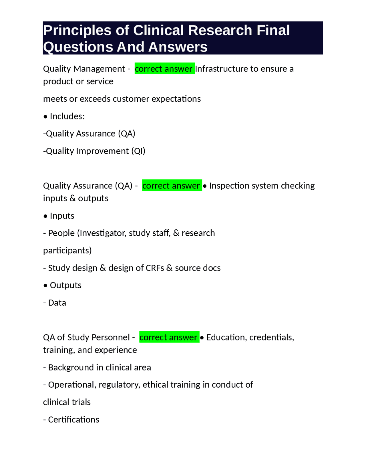 Principles of Clinical Research Final Questions And Answers | Exams ...