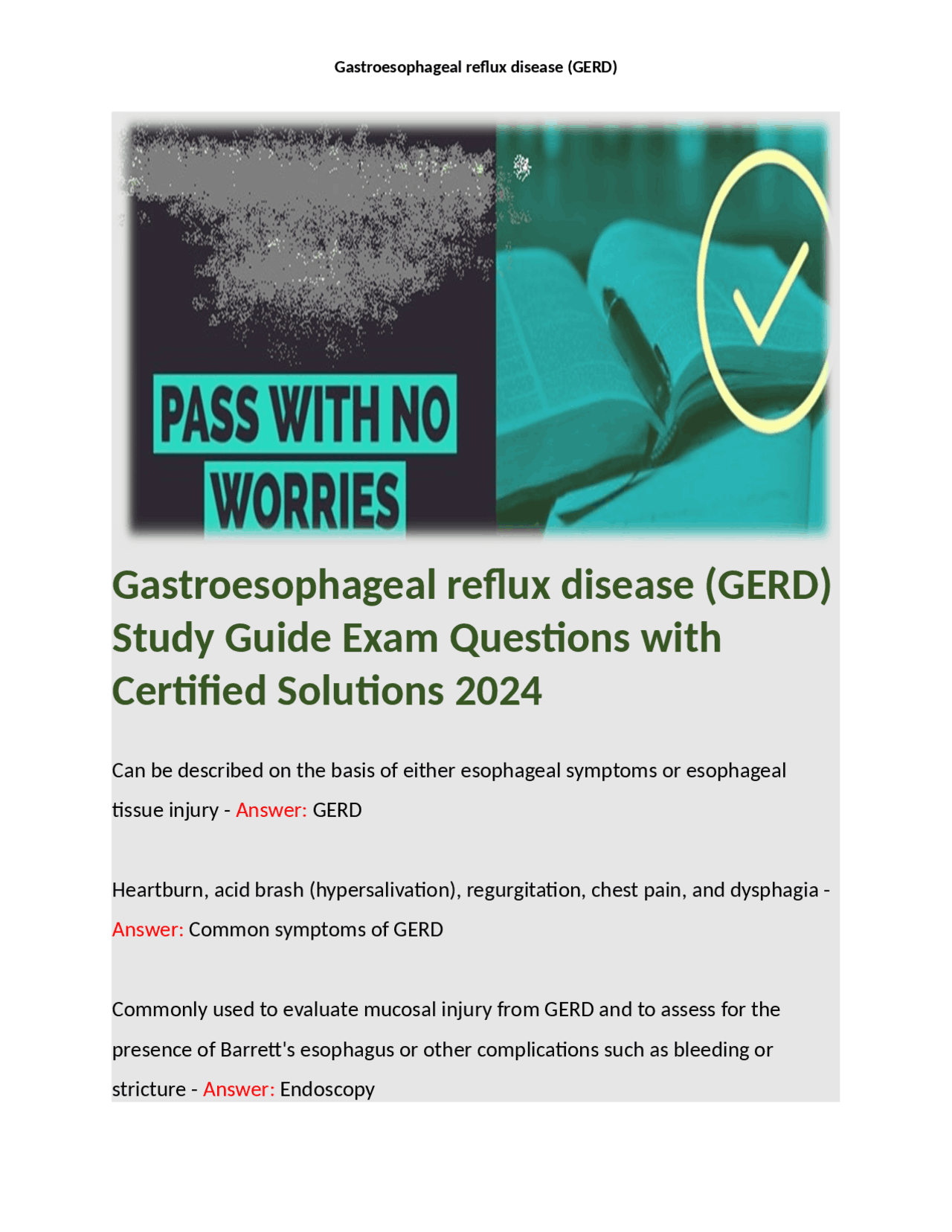 Gastroesophageal Reflux Disease (GERD) Exam Questions and Answers ...