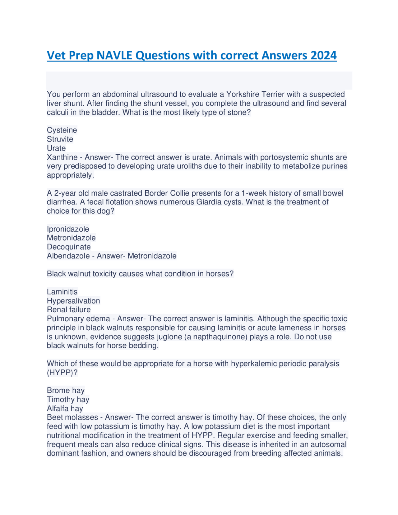 Vet Prep NAVLE Questions with correct Answers 2024 | Exams Nursing ...