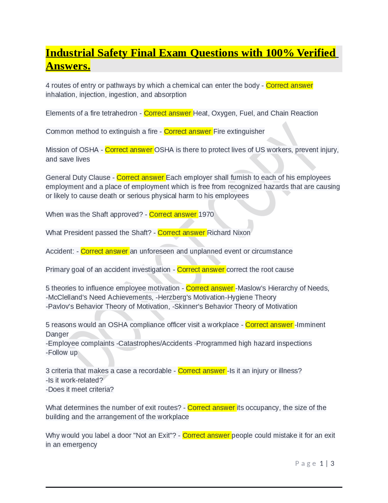 Industrial Safety Final Exam Questions with 100% Verified Answers ...