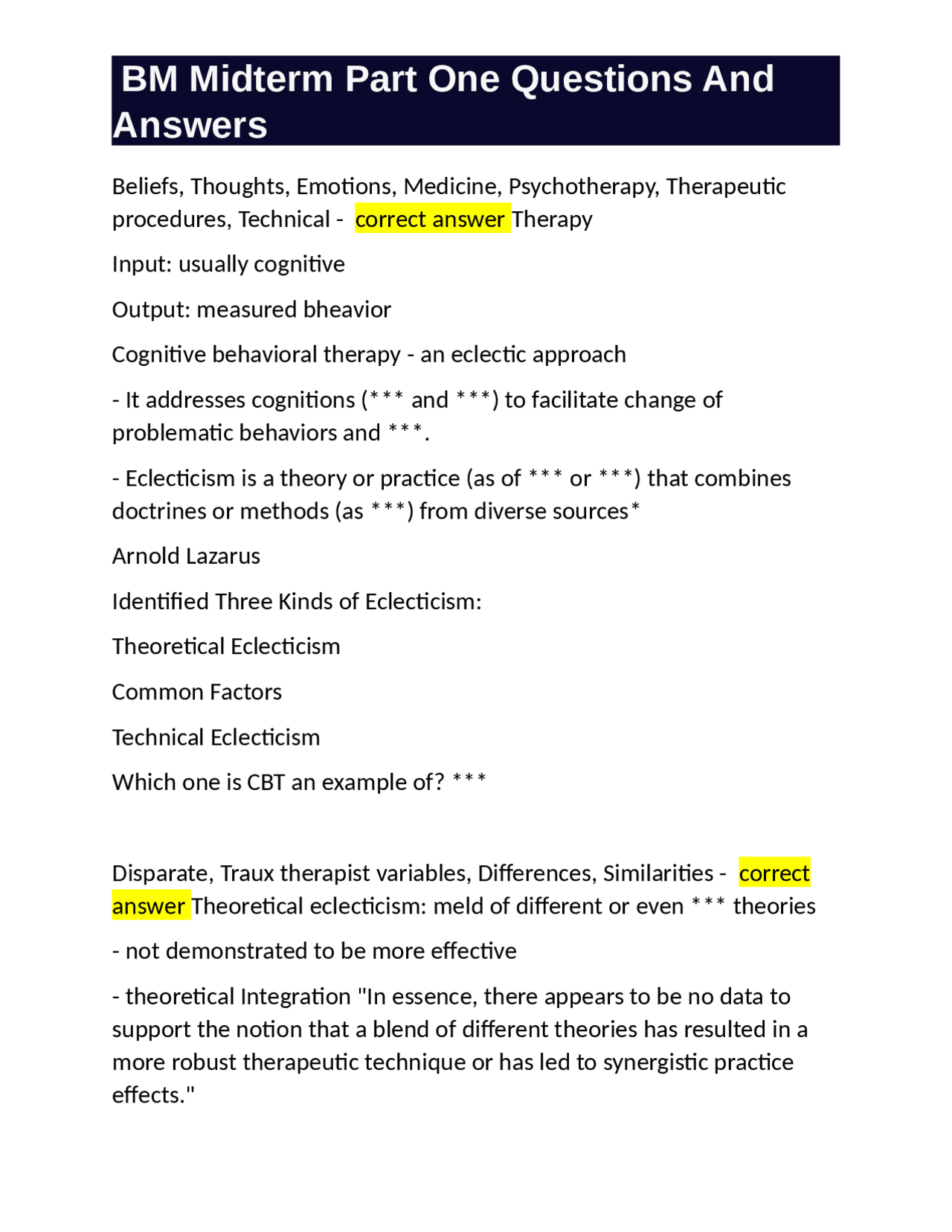 BM Midterm Part One Questions And Answers | Exams Psychiatry | Docsity