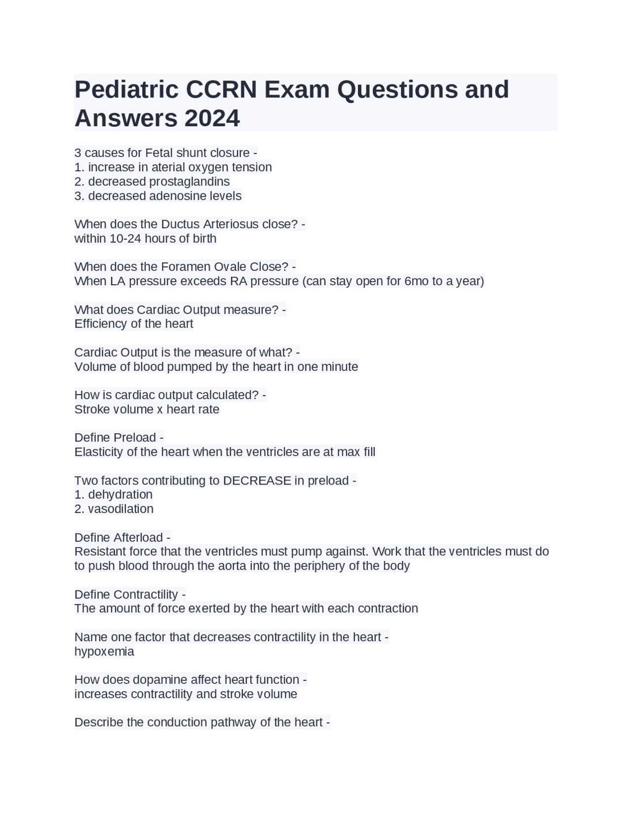 Pediatric CCRN Exam Questions and Answers 2024 | Exams Nursing | Docsity