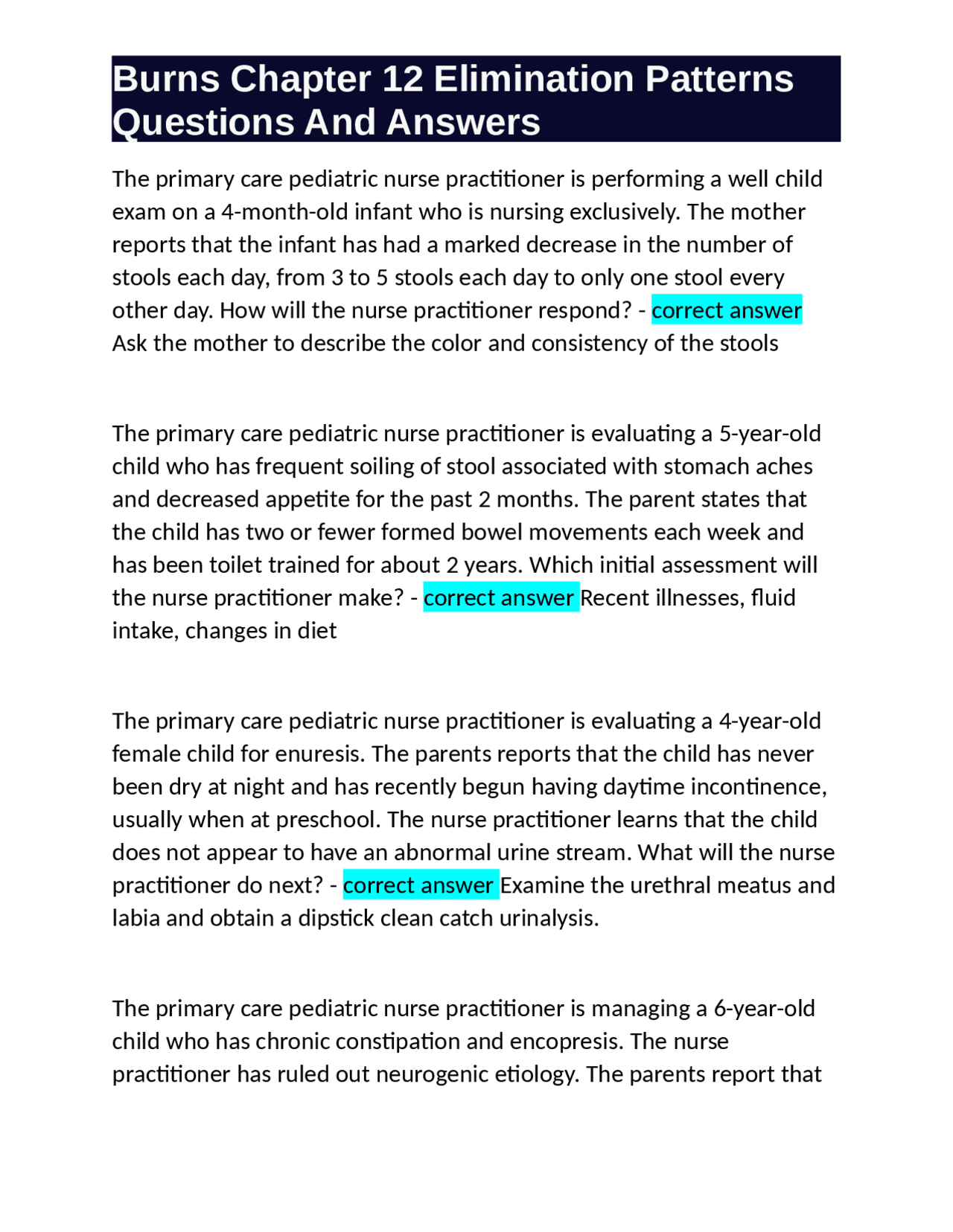 Burns Chapter 12 Elimination Patterns Questions And Answers | Exams ...