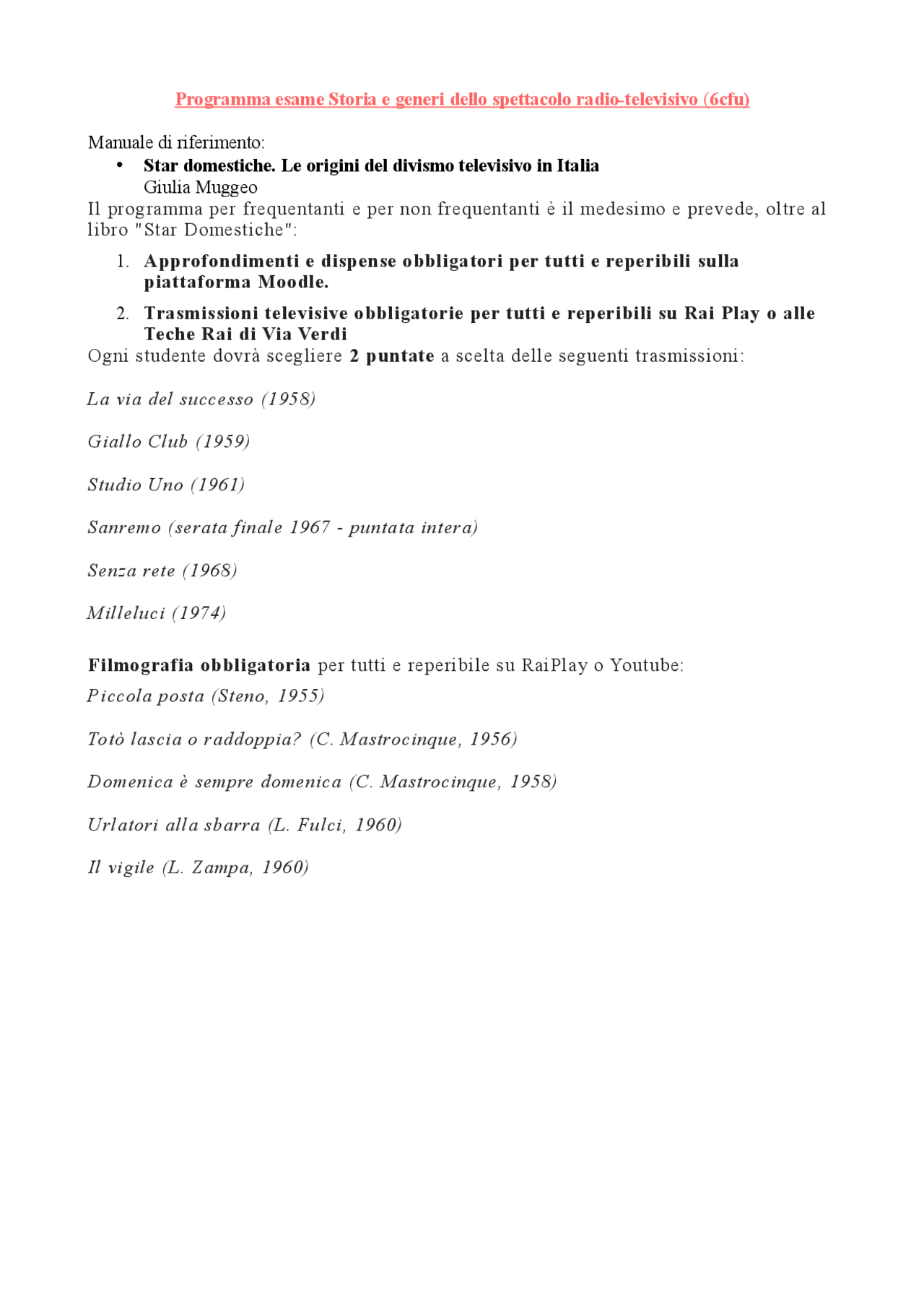 Programma d'esame orale | Appunti di Storia del Teatro e dello Spettacolo | Docsity