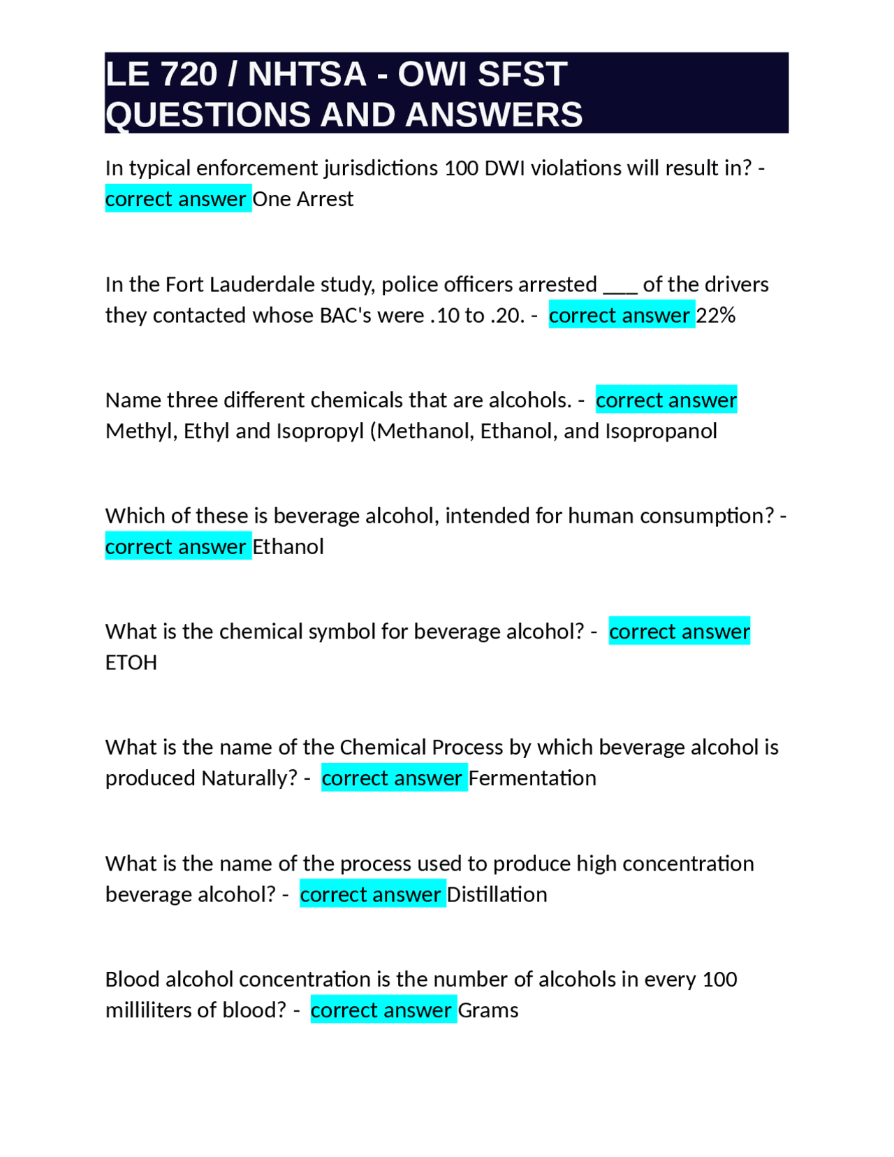 LE 720 / NHTSA - OWI SFST: Questions and Answers on DWI Detection and ...