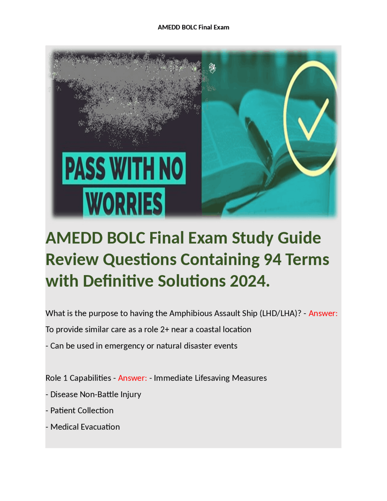 AMEDD BOLC Final Exam Study Guide: Roles and Capabilities of Military ...