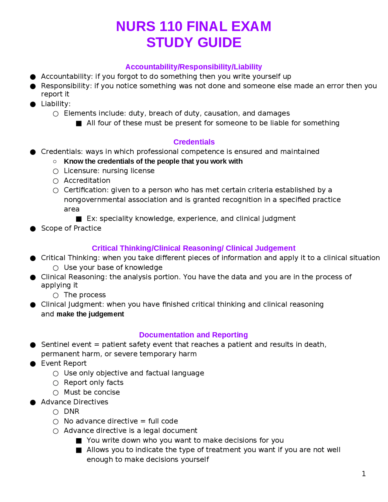 NURS 110 Final Exam Study: Accountability, Credentials, Critical Thinking, Documentation | Exams ...