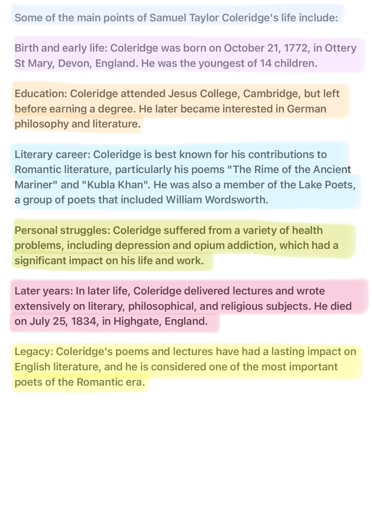 Samuel Taylor Coleridge Life | Schemi e mappe concettuali di Inglese ...