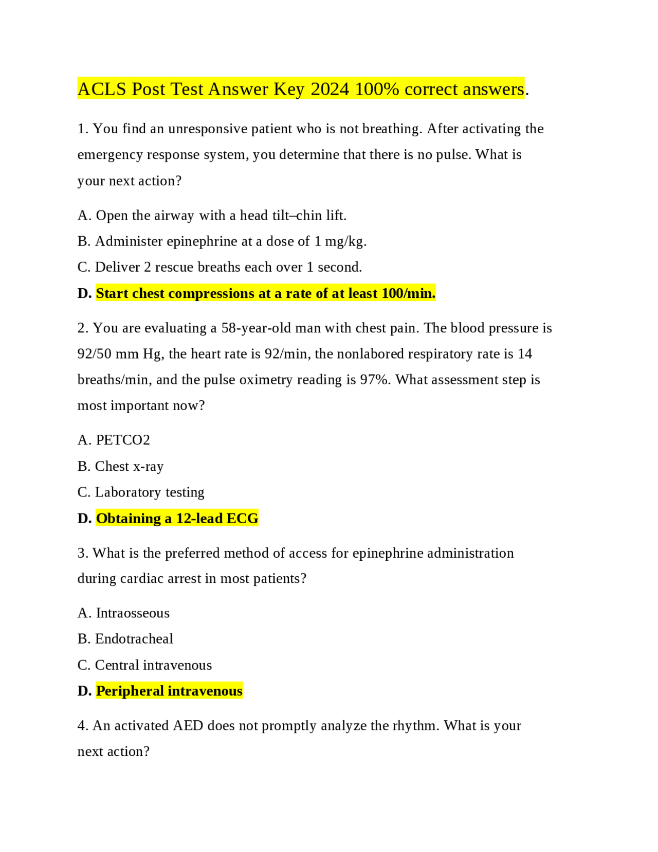 ACLS Post Test Answer Key 2024 100% correct answers | Exams Nursing ...