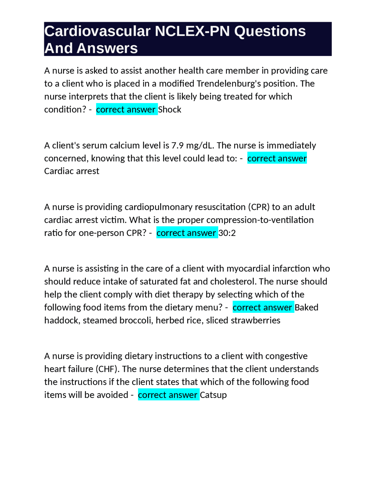 Cardiovascular NCLEX-PN Questions And Answers | Exams Cardiology | Docsity