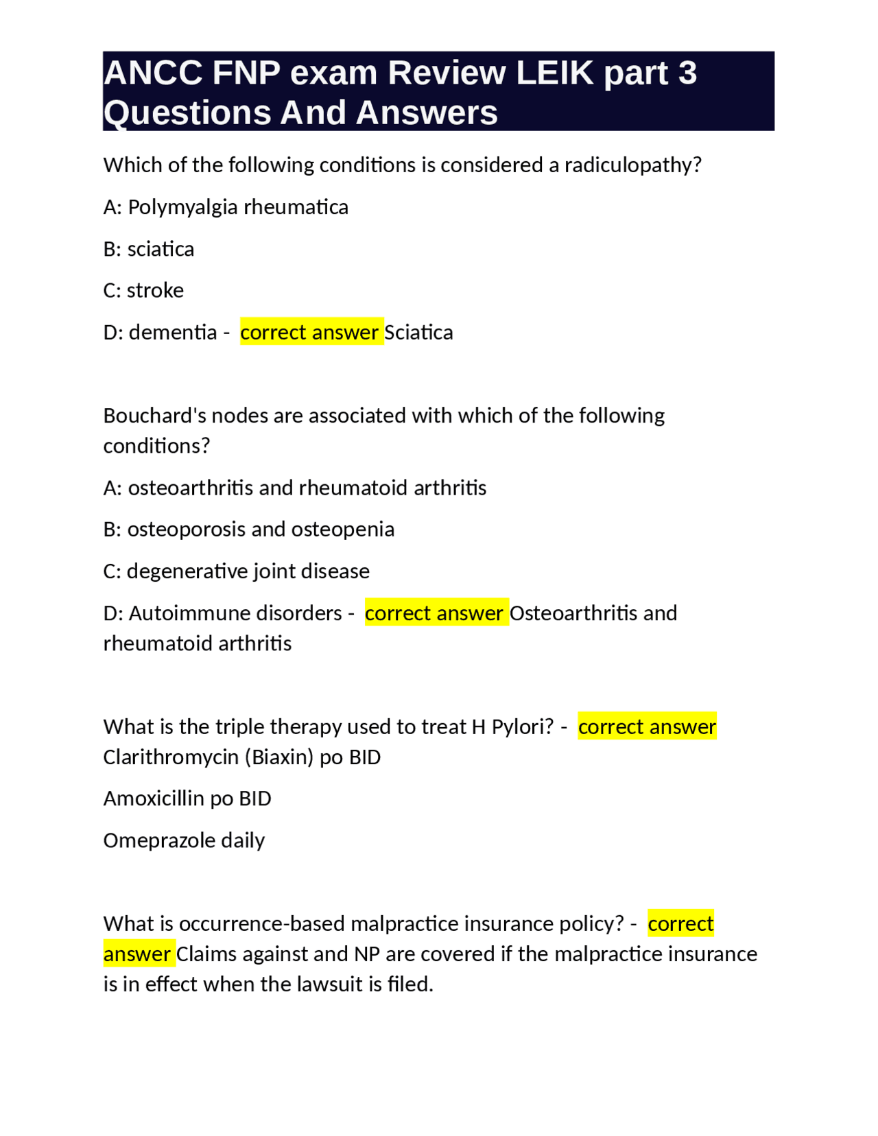 ANCC FNP Exam Review: LEIK Part 3 - Questions and Answers | Exams ...