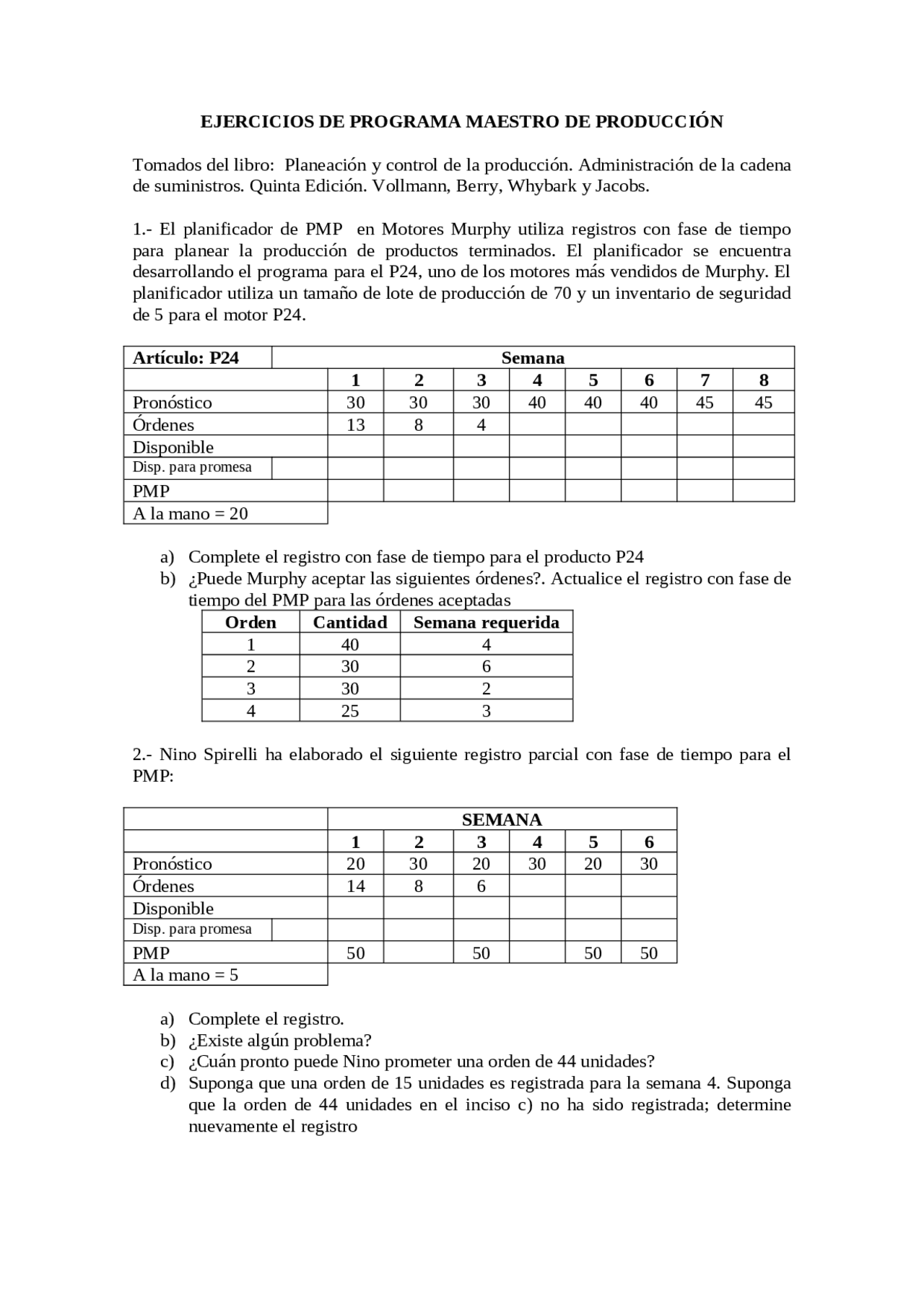 Ejercicios de plan maestro de producción MPS | Ejercicios de Fundamentos de Administración y ...