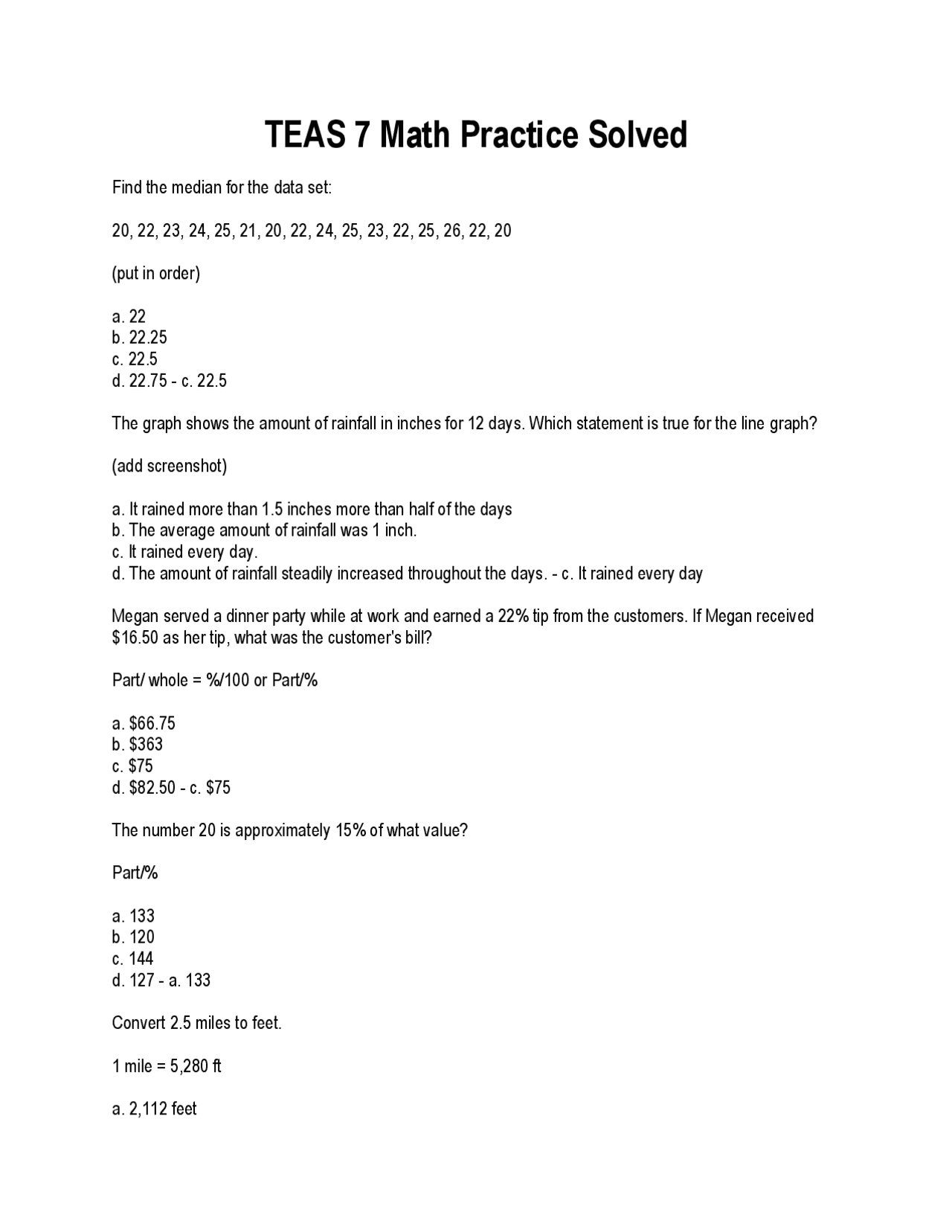 TEAS 7 Math Practice Solved | Exercises Mathematics | Docsity