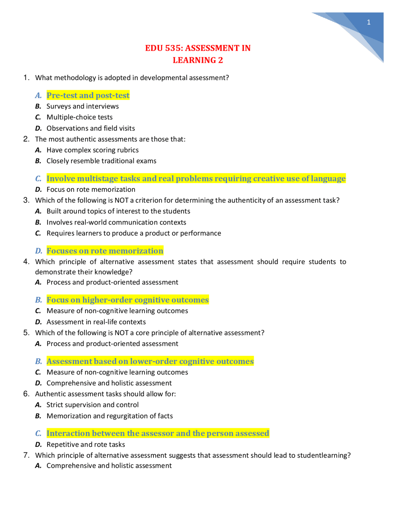 EDU 535 ASSESSMENT AND LEARNING 2(100 QUESTIONS WITH CORRECT ANSWERS ...