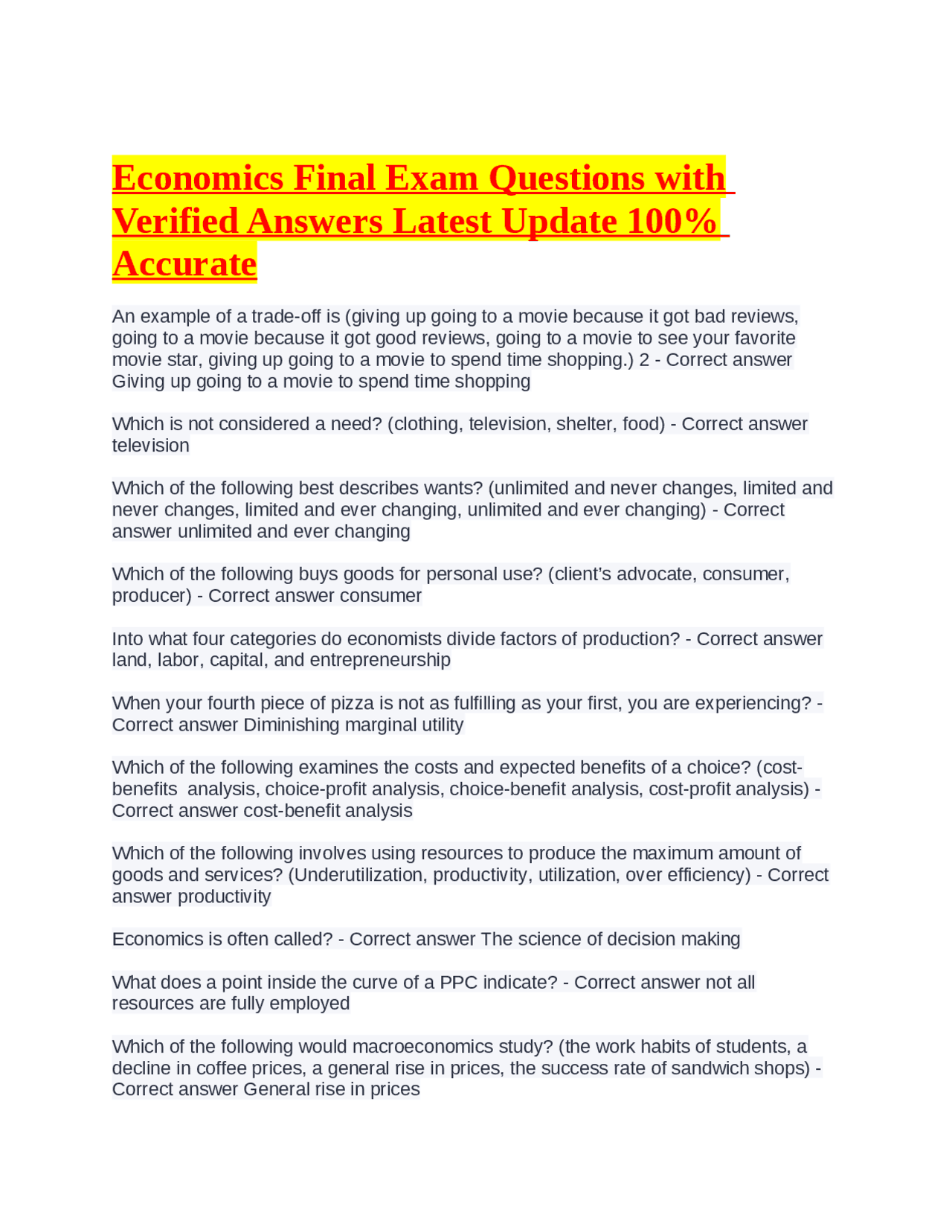 Economics Final Exam Questions with Verified Answers Latest Update 100% ...