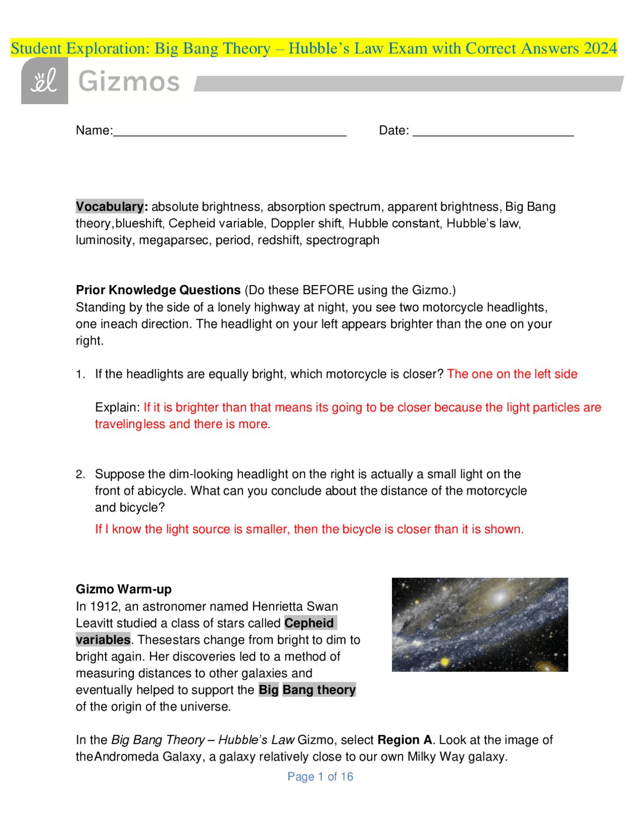 Student Exploration: Big Bang Theory – Hubble’s Law Exam with Correct ...