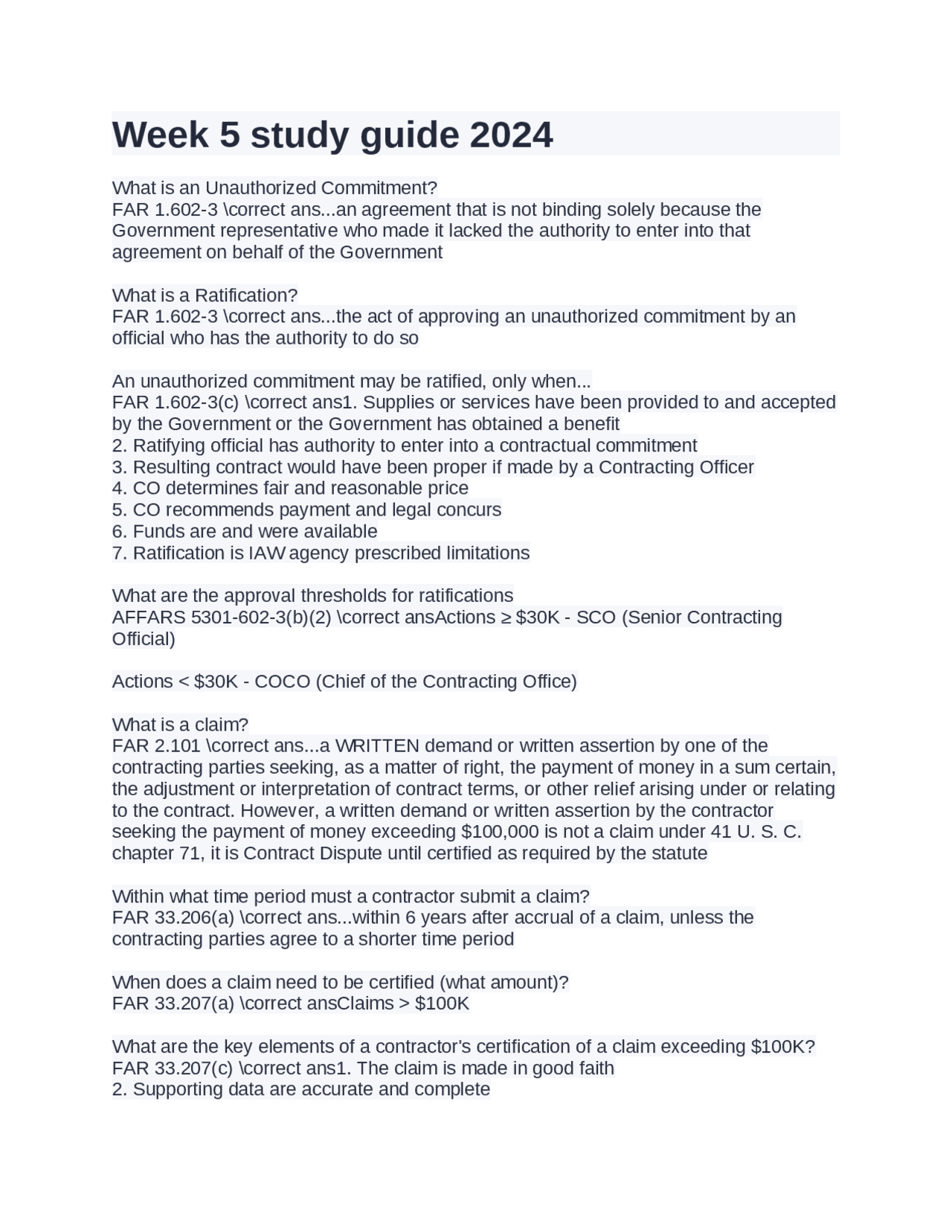 Week 5 Study Guide: Federal & Defense Acquisition Regulations | Exams ...