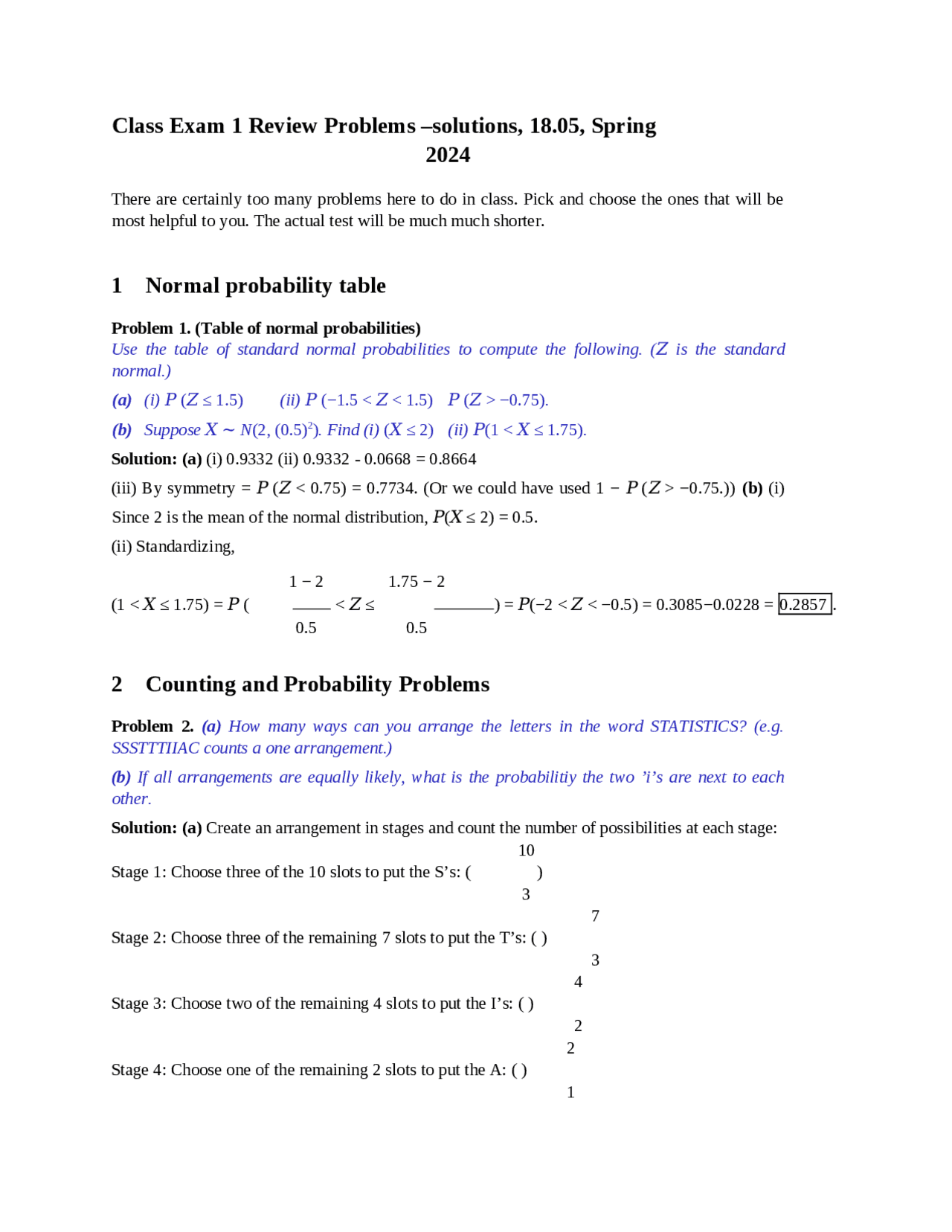 Class Exam 1 Review Problems –solutions, 18.05, Spring 2024 quiz & ans 100% verified | Exams ...