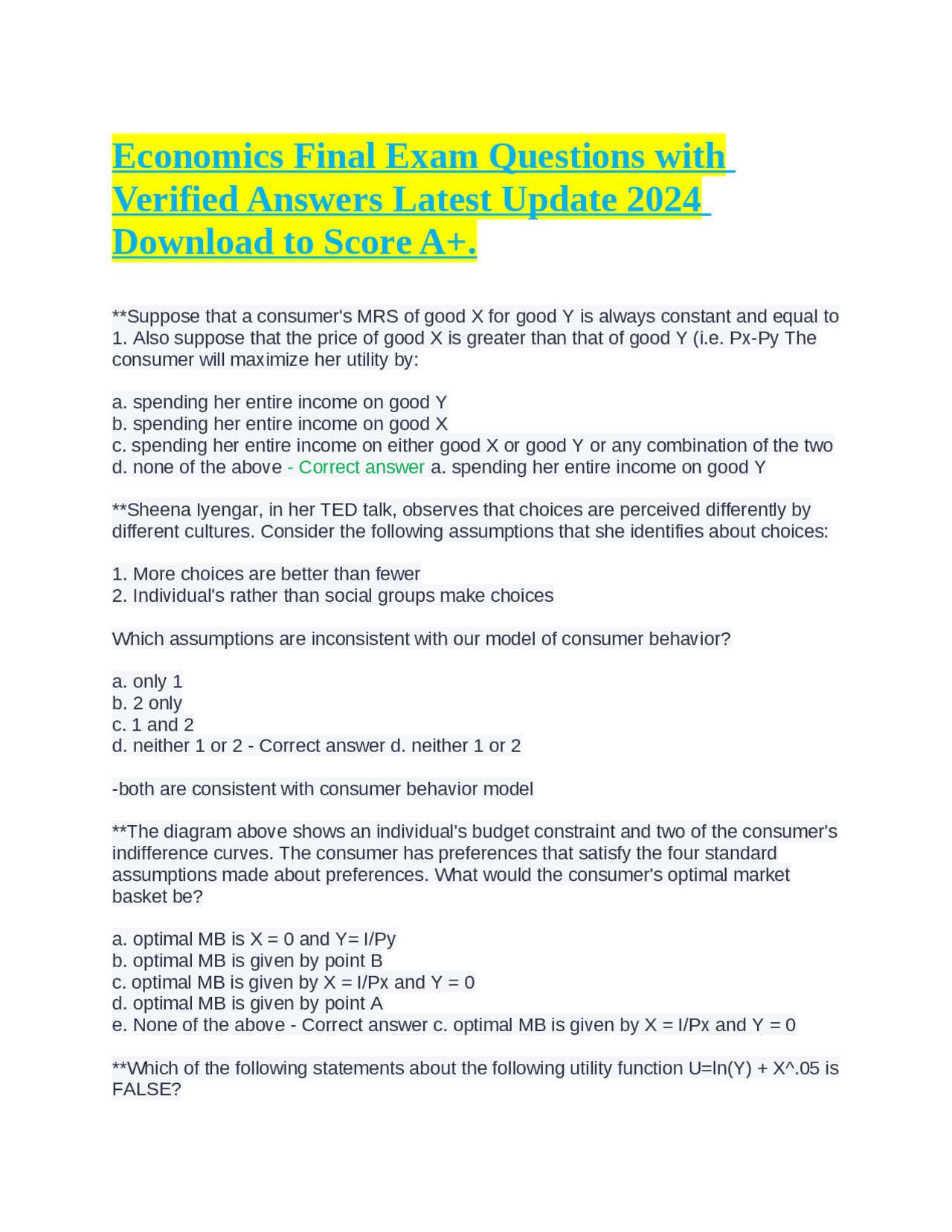 Economics Final Exam Questions With Verified Answers Latest Update 2024 Download To Score