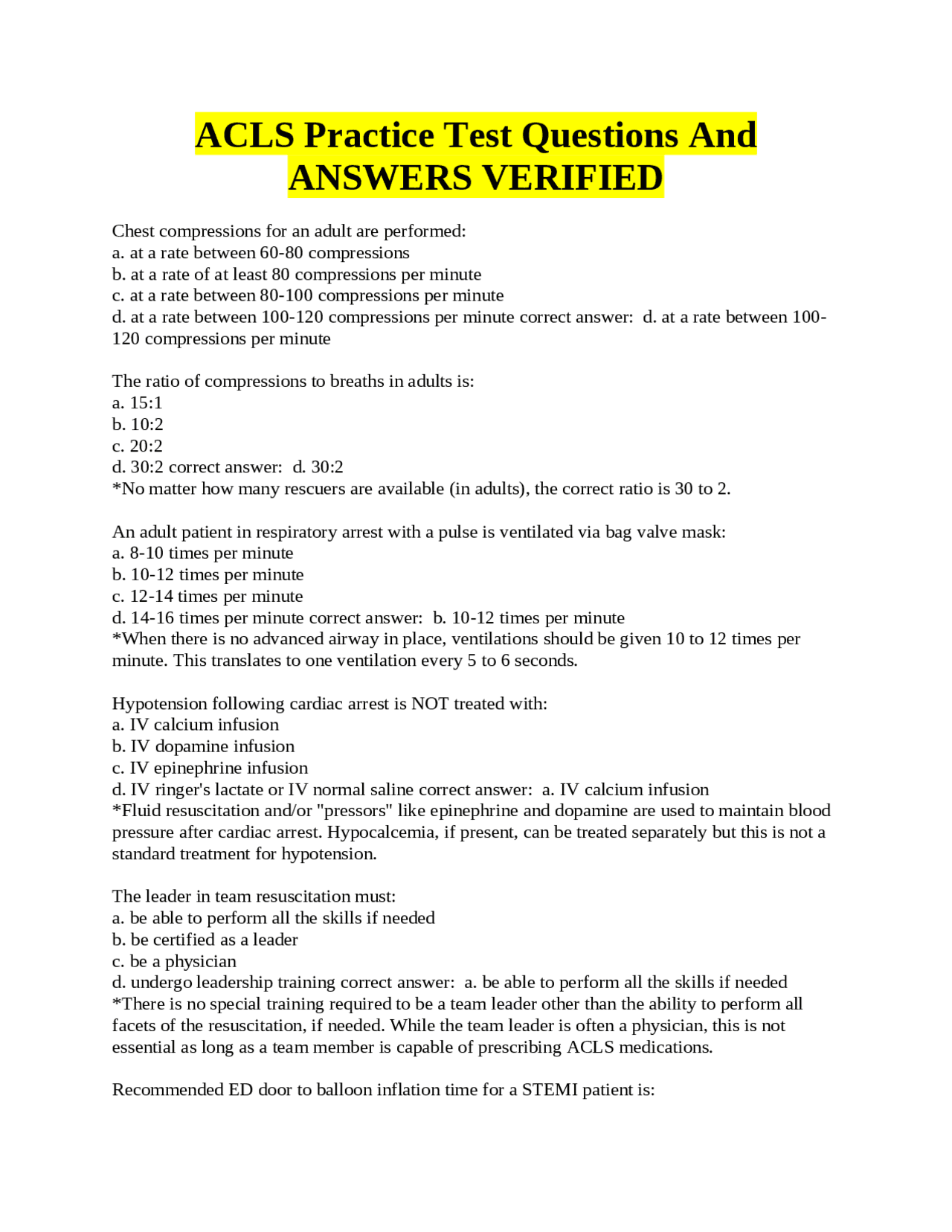 ACLS Practice Test Questions and Answers: Essential CPR and Emergency ...