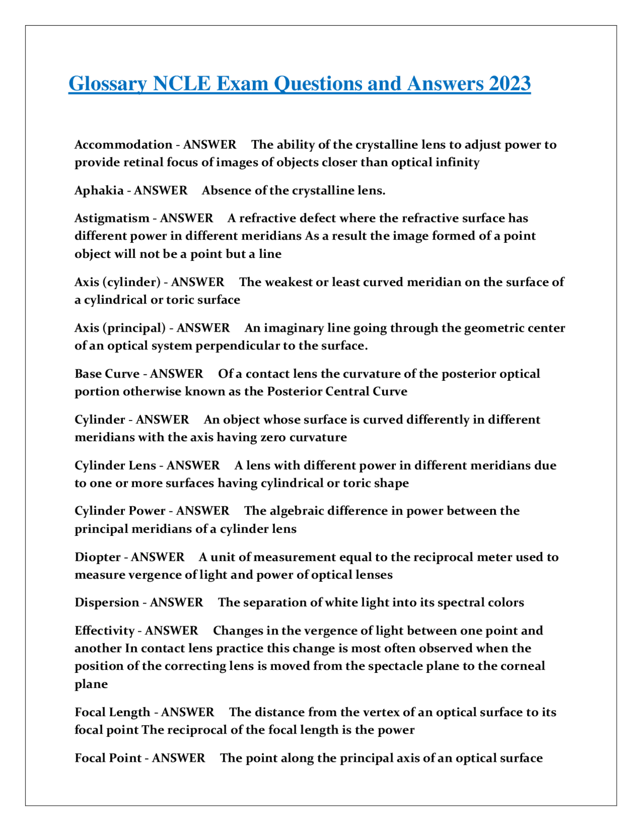 Glossary of Optical Terms for Contact Lens Practice | Exams Nursing ...