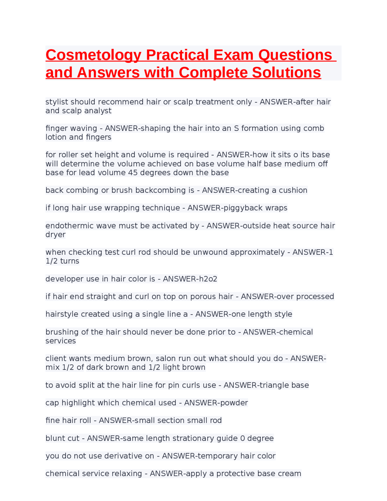 Cosmetology Practical Exam Questionsand Answers with Complete Solutions | Exams Cosmetology ...