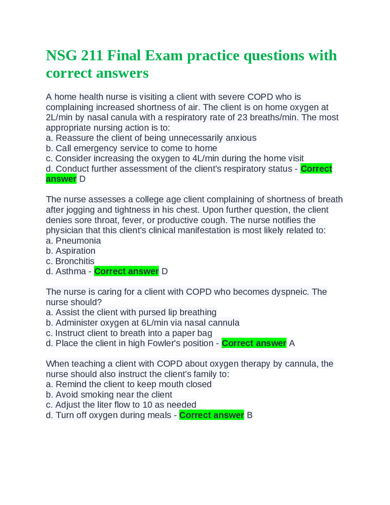 NSG 211 Final Exam practice questions with correct answers | Exams Nursing | Docsity