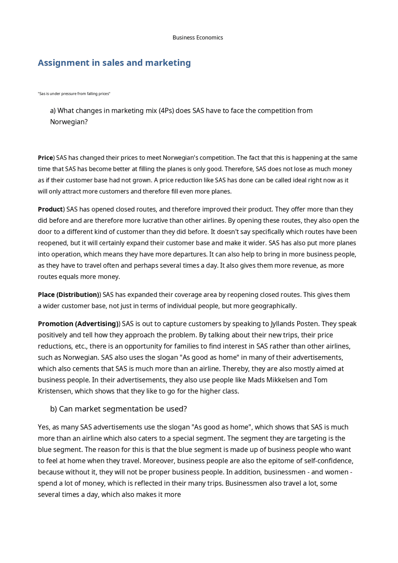 Business Economics Assignment: SAS Adapting to Competition in Sales and Marketing | Essays (high ...
