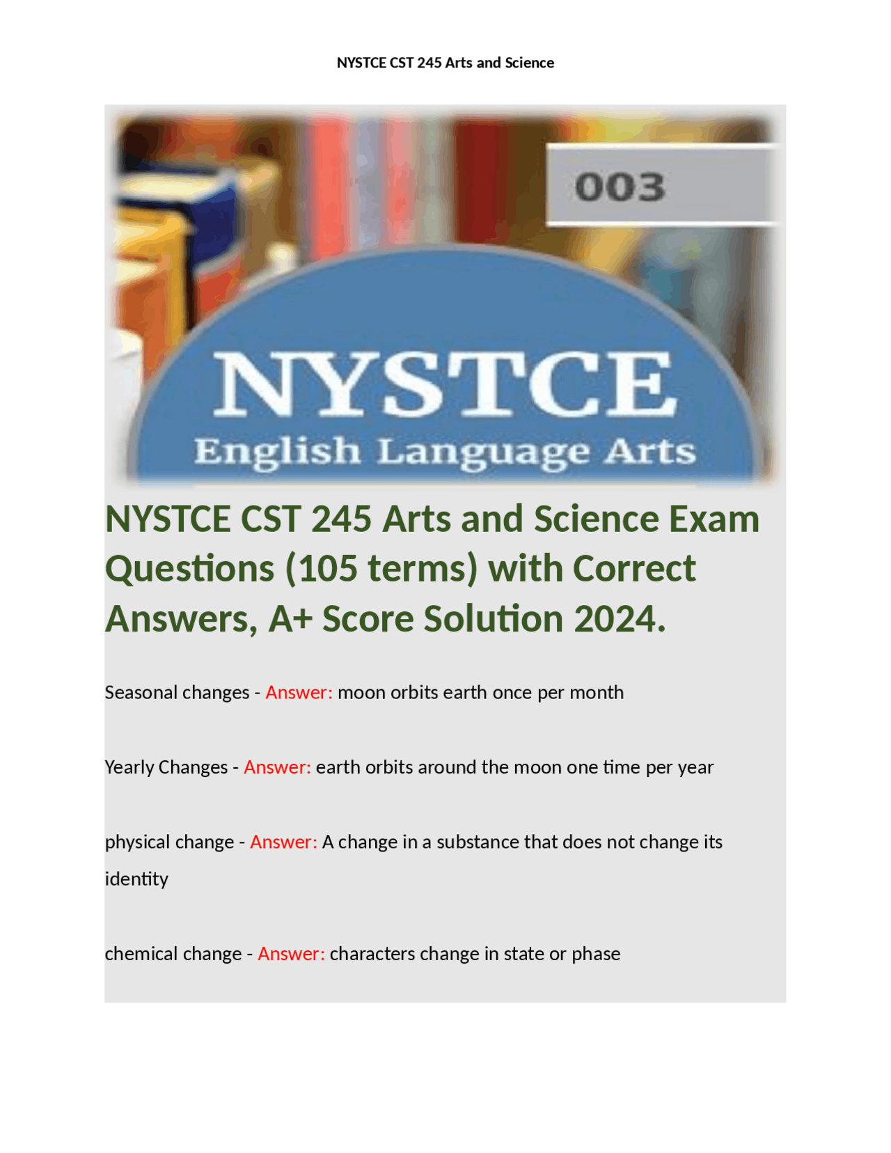 NYSTCE CST 245 Arts and Science Exam Questions and Answers | Exams ...